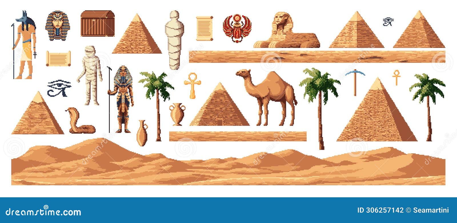 Retro 8 Bit Pixel Art Egypt Arcade Game Assets Stock Vector ...