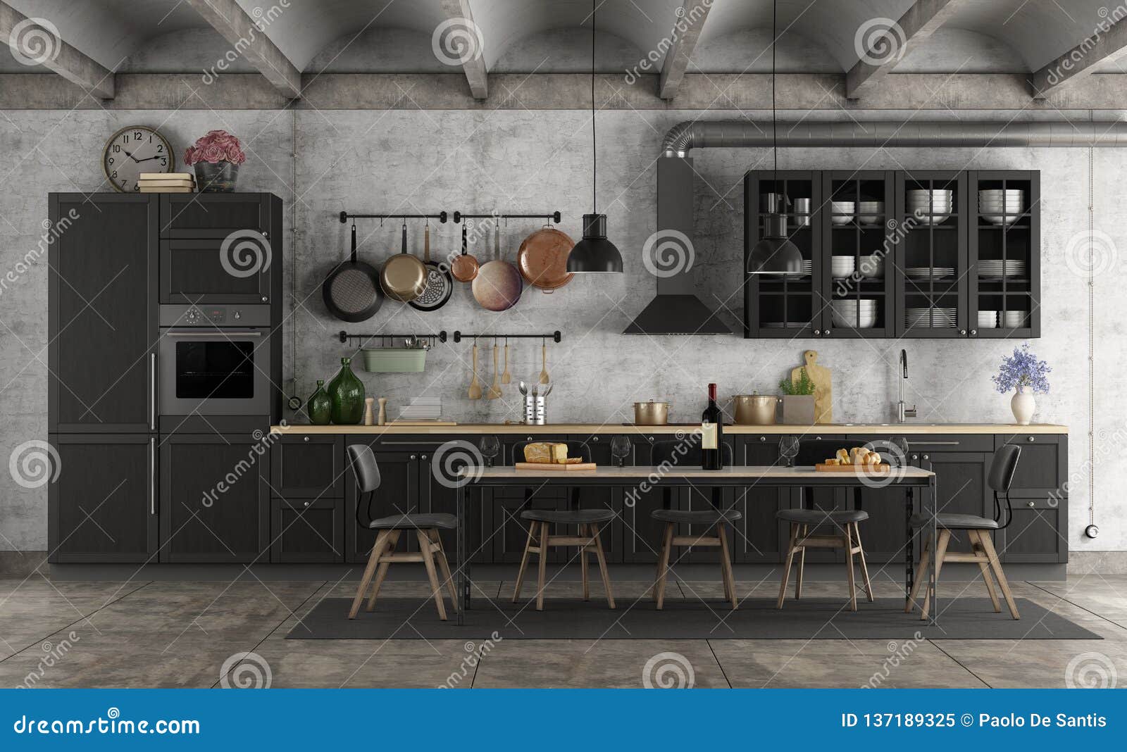 Retro Black Kitchen in a Grunge Interior Stock Illustration ...
