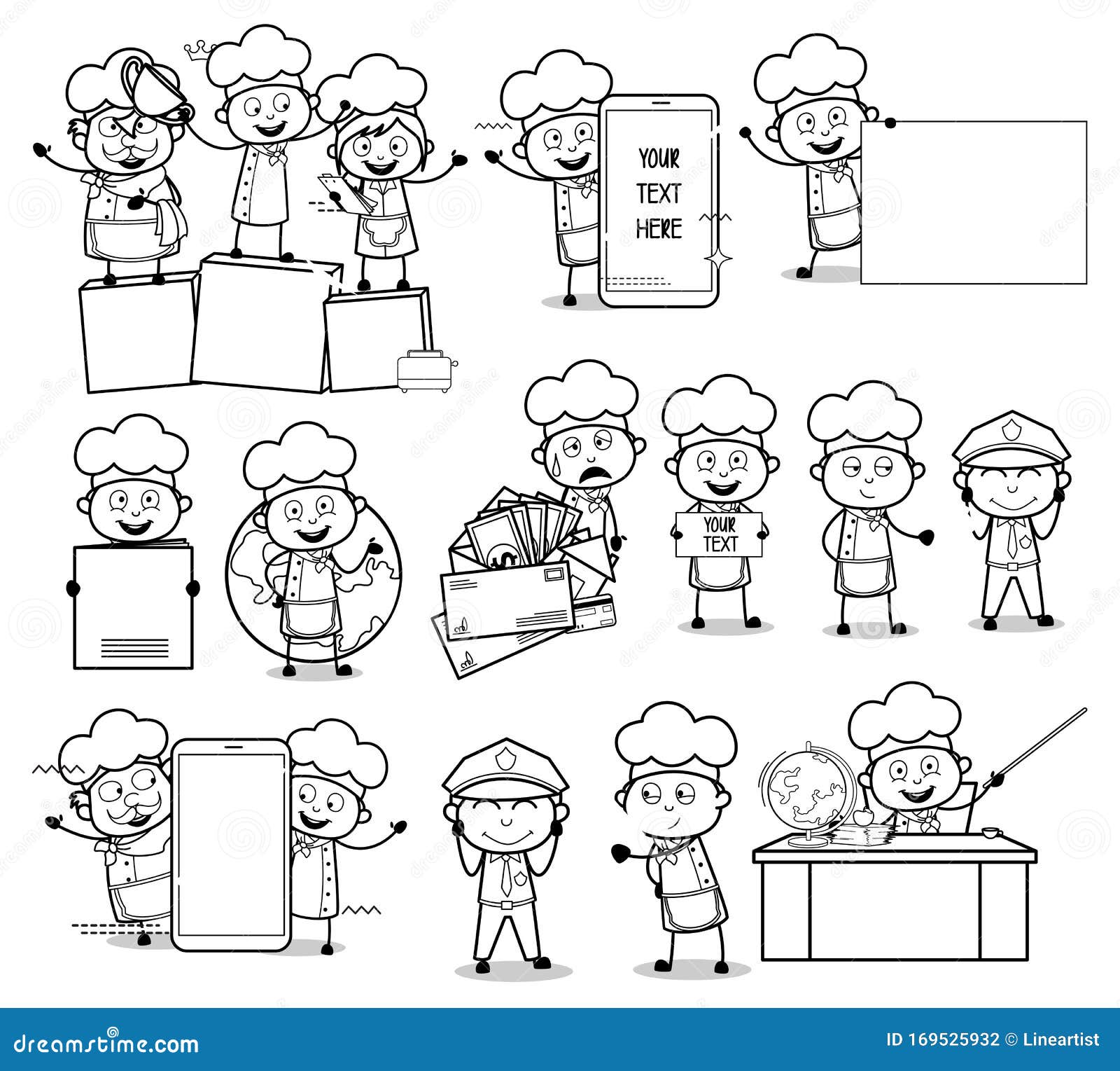 Retro Black And White Comic Chef - Set Of Concepts Vector Illustrations ...