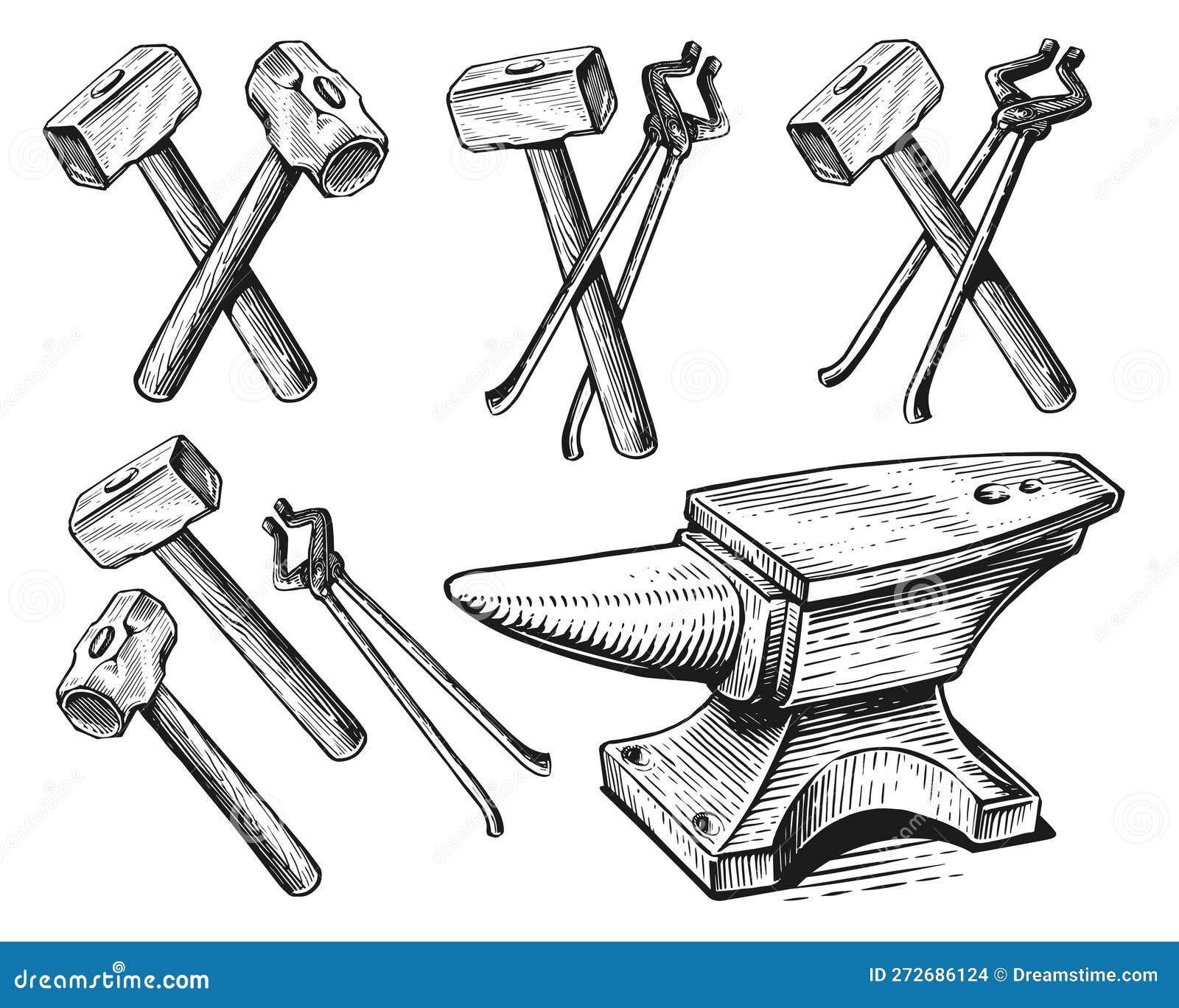 Retro Blacksmith Pliers, Hammer, Anvil Sketch. Ironwork, Set of Tools ...