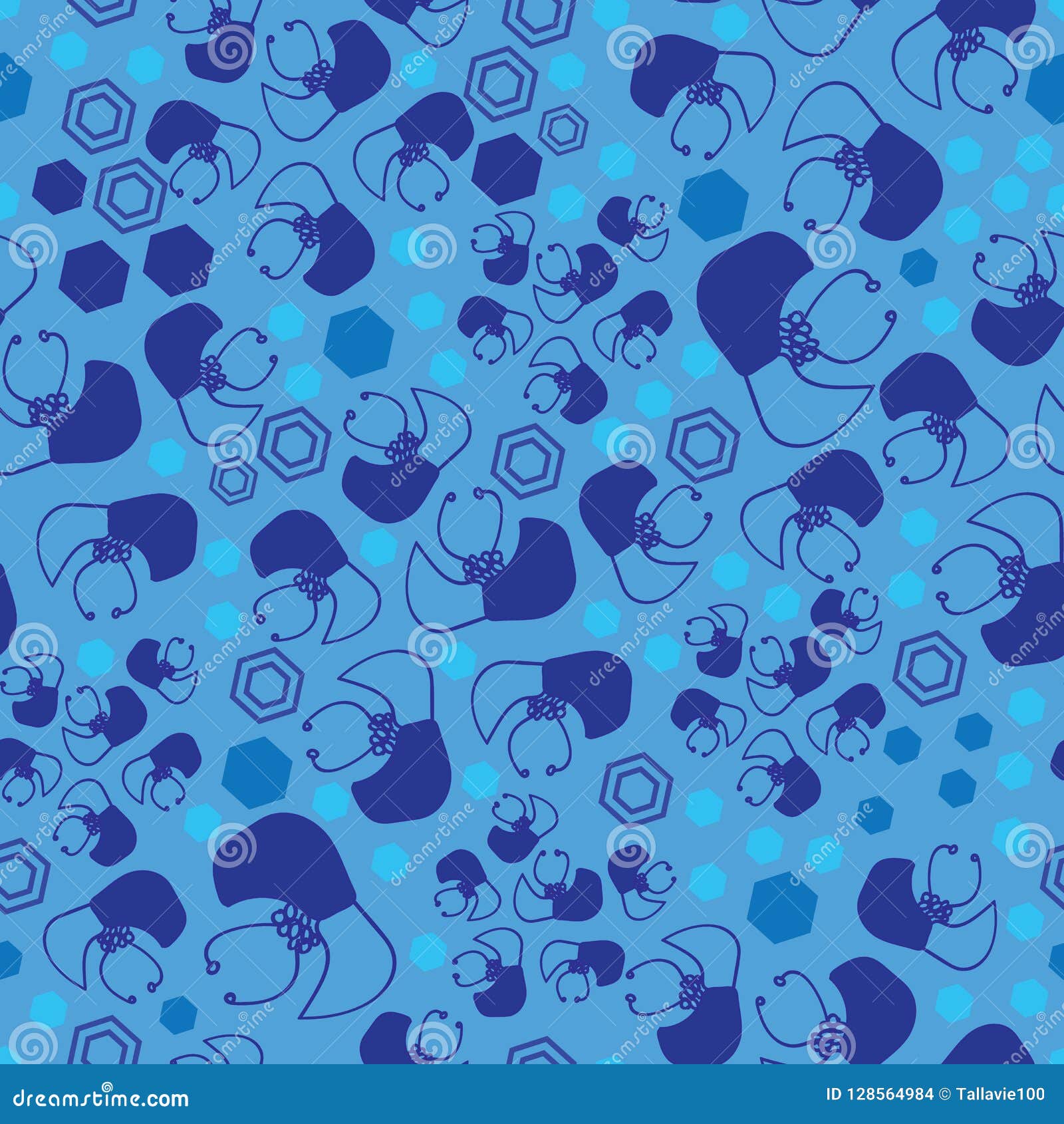 Retro Blue-Monochromatic Flowers. Seamless Repeat Patten Background ...