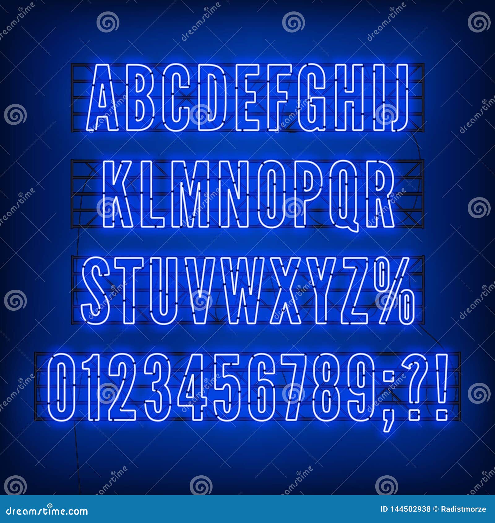 Retro Blue Neon Alphabet with Numbers on Dark Background. Stock Vector ...