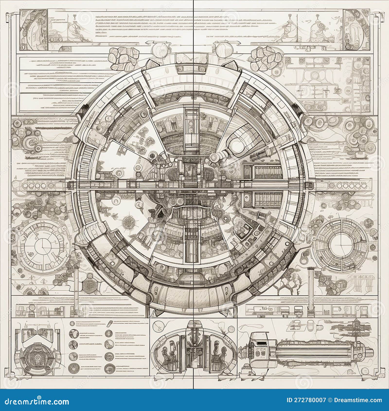 Retro Blueprint of Mechanism, Technical Drawing on Old Paper, Abstract ...
