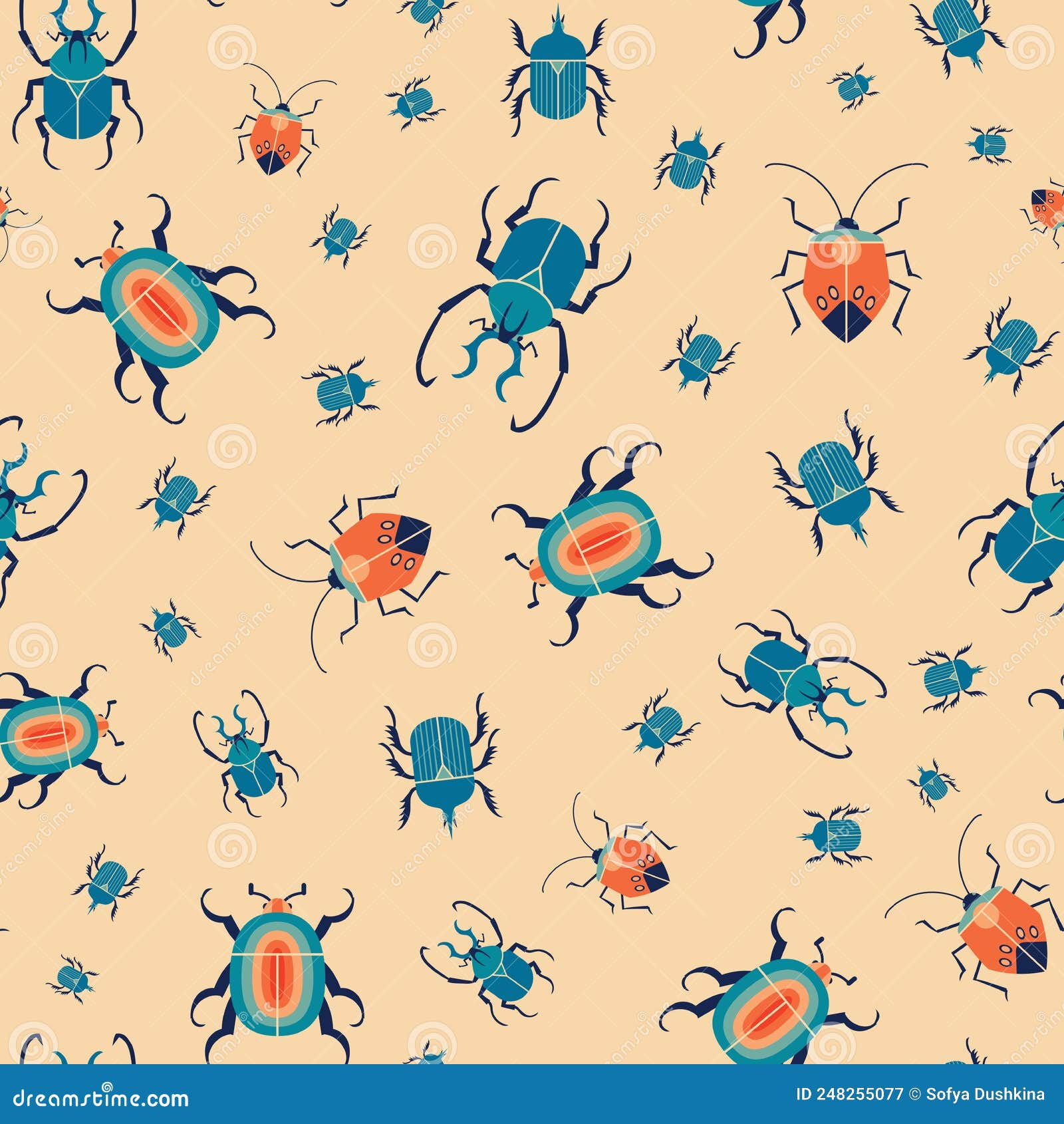 Retro Bug Seamless Pattern. Vector Geometric Print with Different Bugs ...