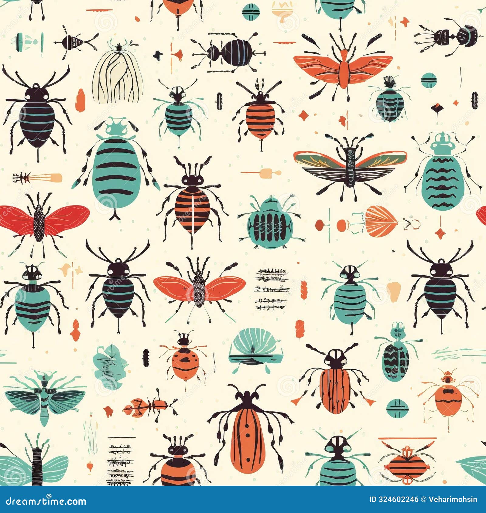 Retro Bugs and Beetles Seamless Pattern - Vintage Repeat Print Design ...