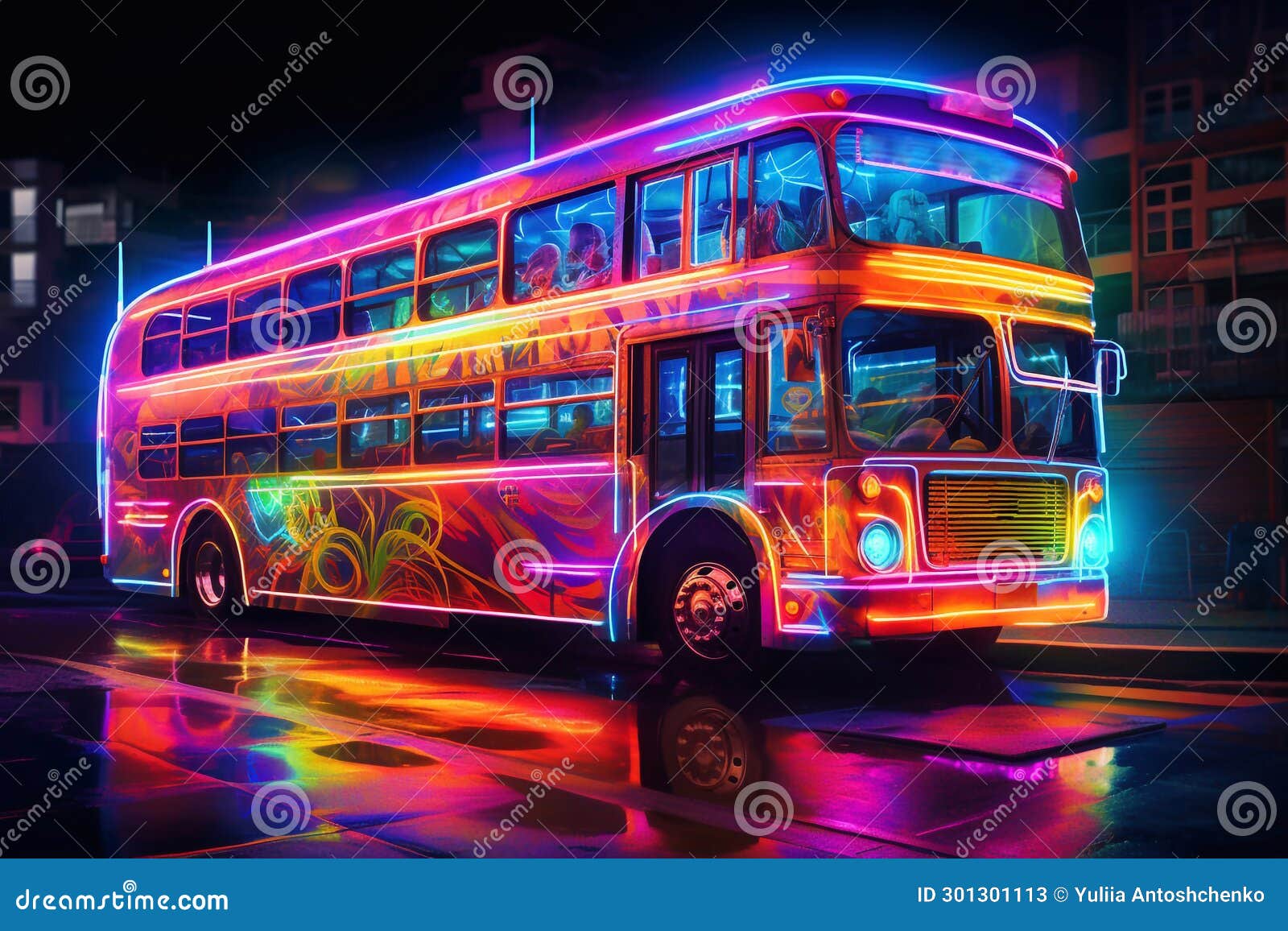 Retro neon bus stock illustration. Illustration of vintage - 301301113