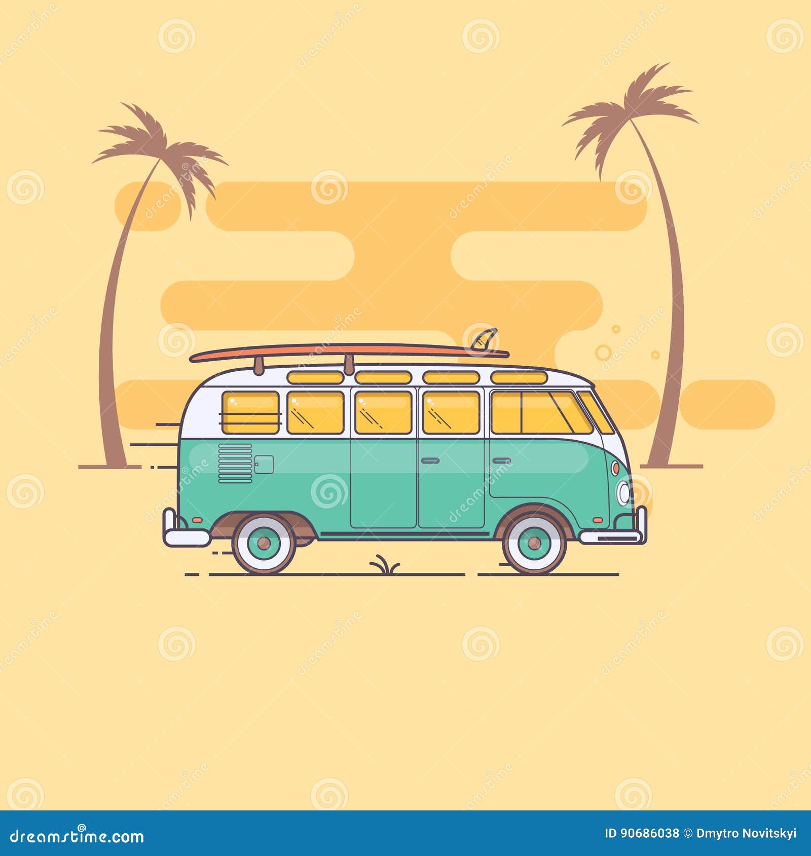 Retro Bus with Surf Boards on Summer Summer Vector Illustration Stock ...