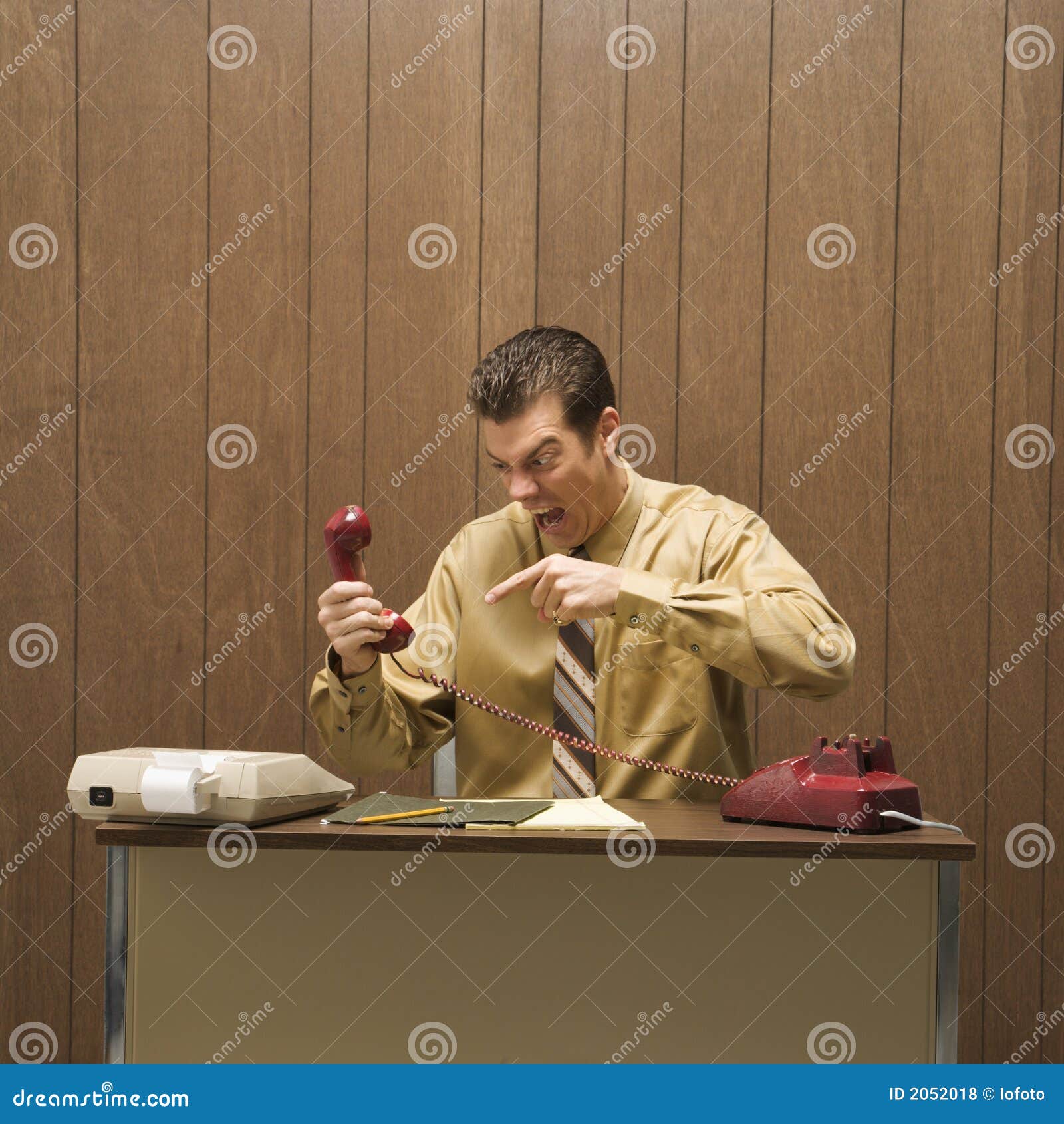 Retro Business Scene of Angry Man at Desk. Stock Photo - Image of ...