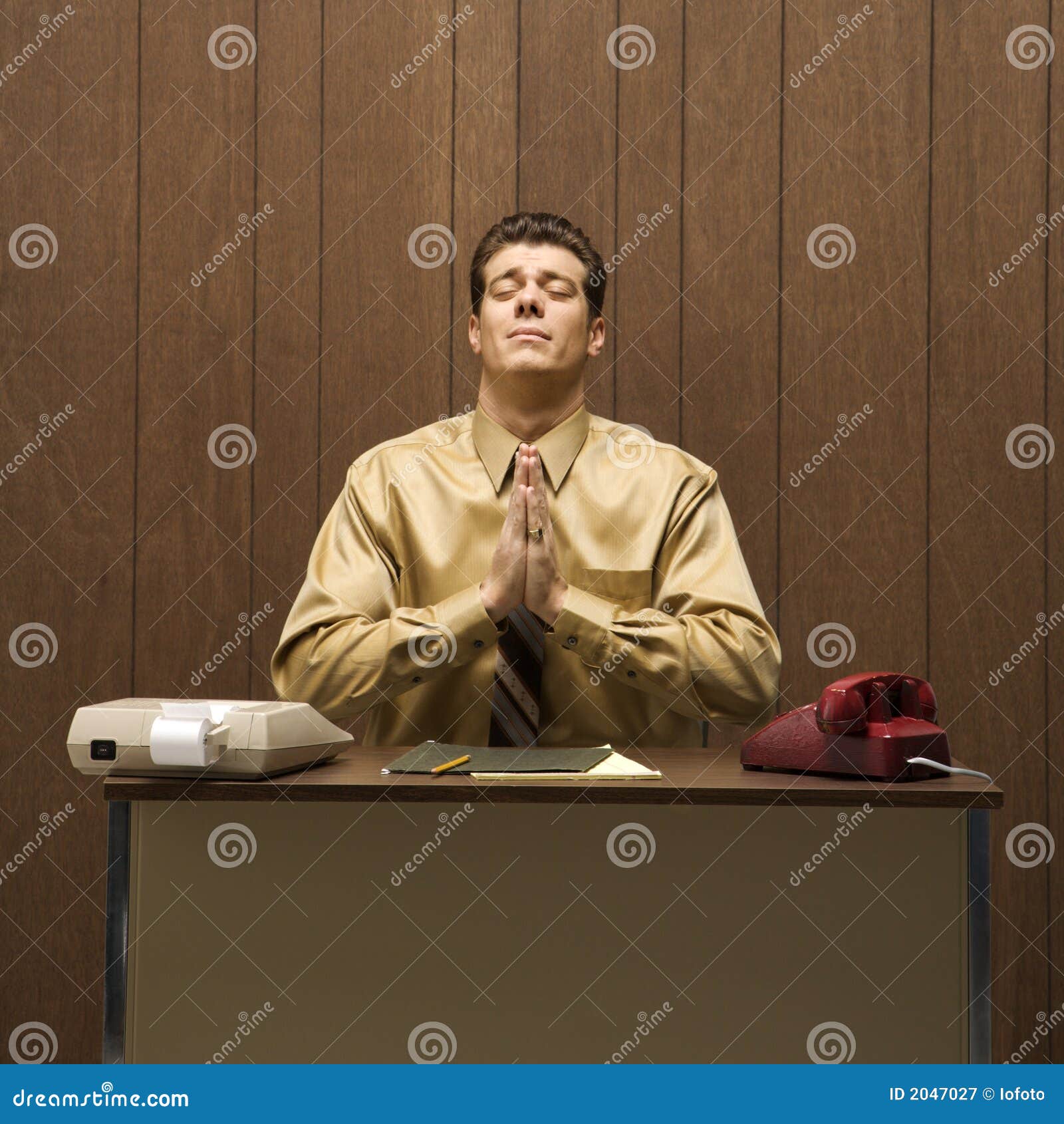 Retro Business Scene of Man Praying at Desk. Stock Image - Image of ...