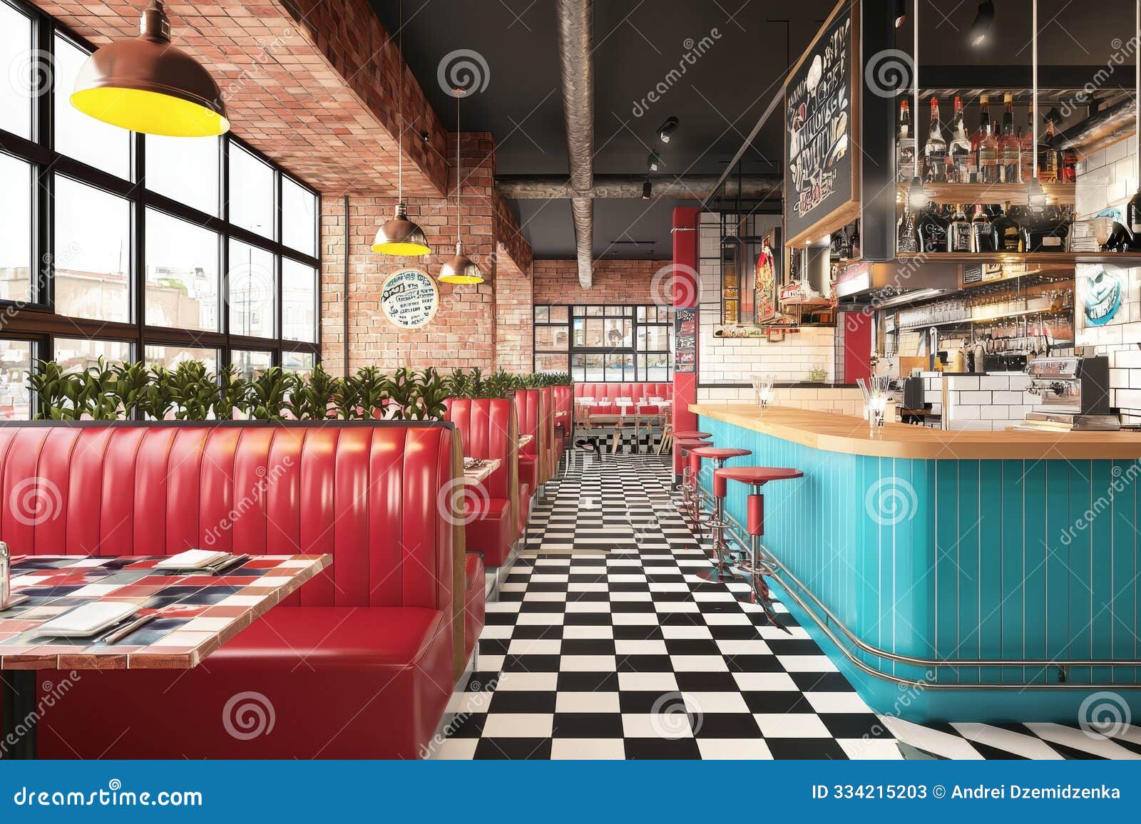A Retro Cafe with Tables in the Style of an American Diner. Stock Image ...