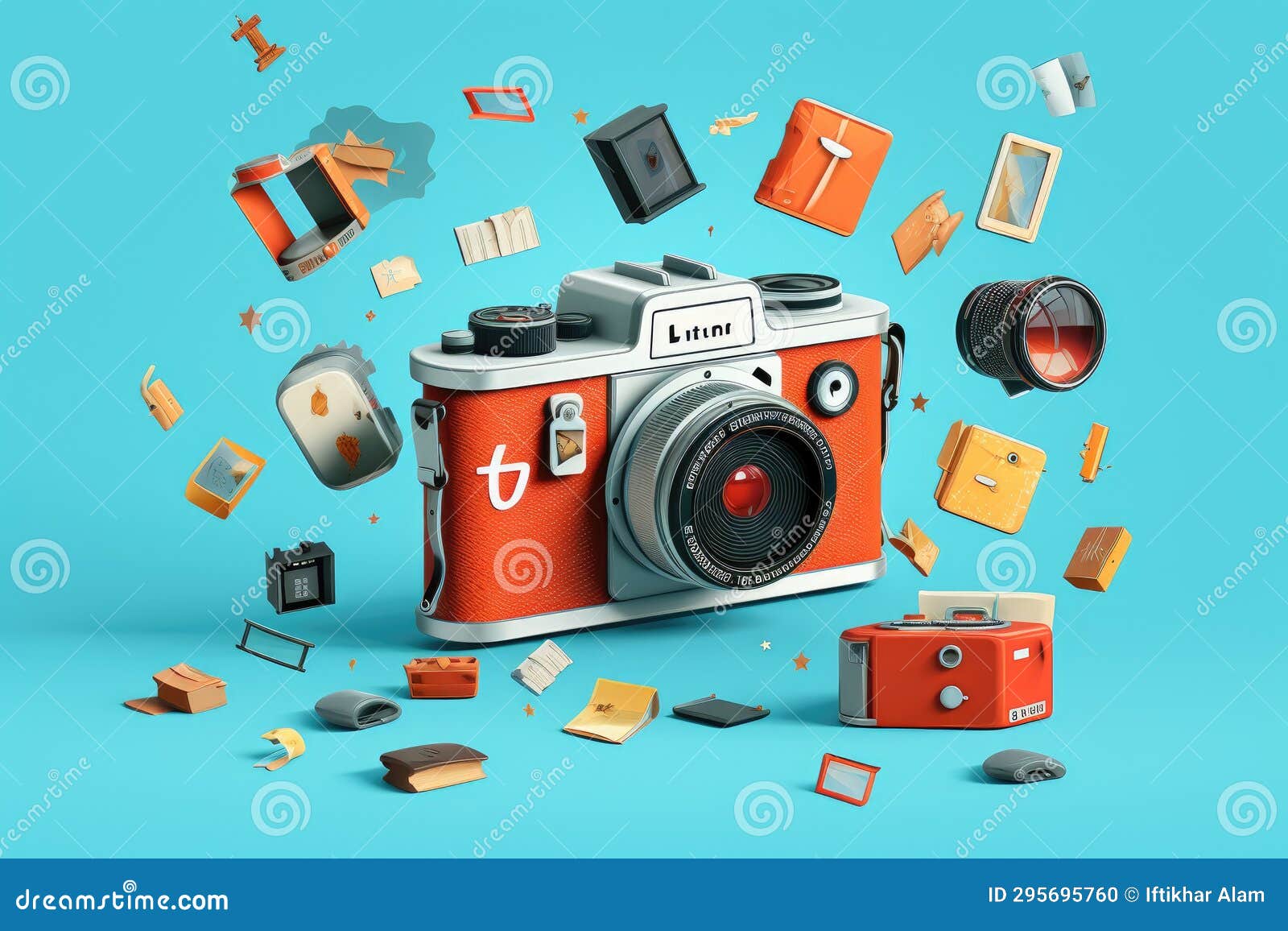 Retro Camera with Flying Objects on Blue Background. 3d Rendering ...