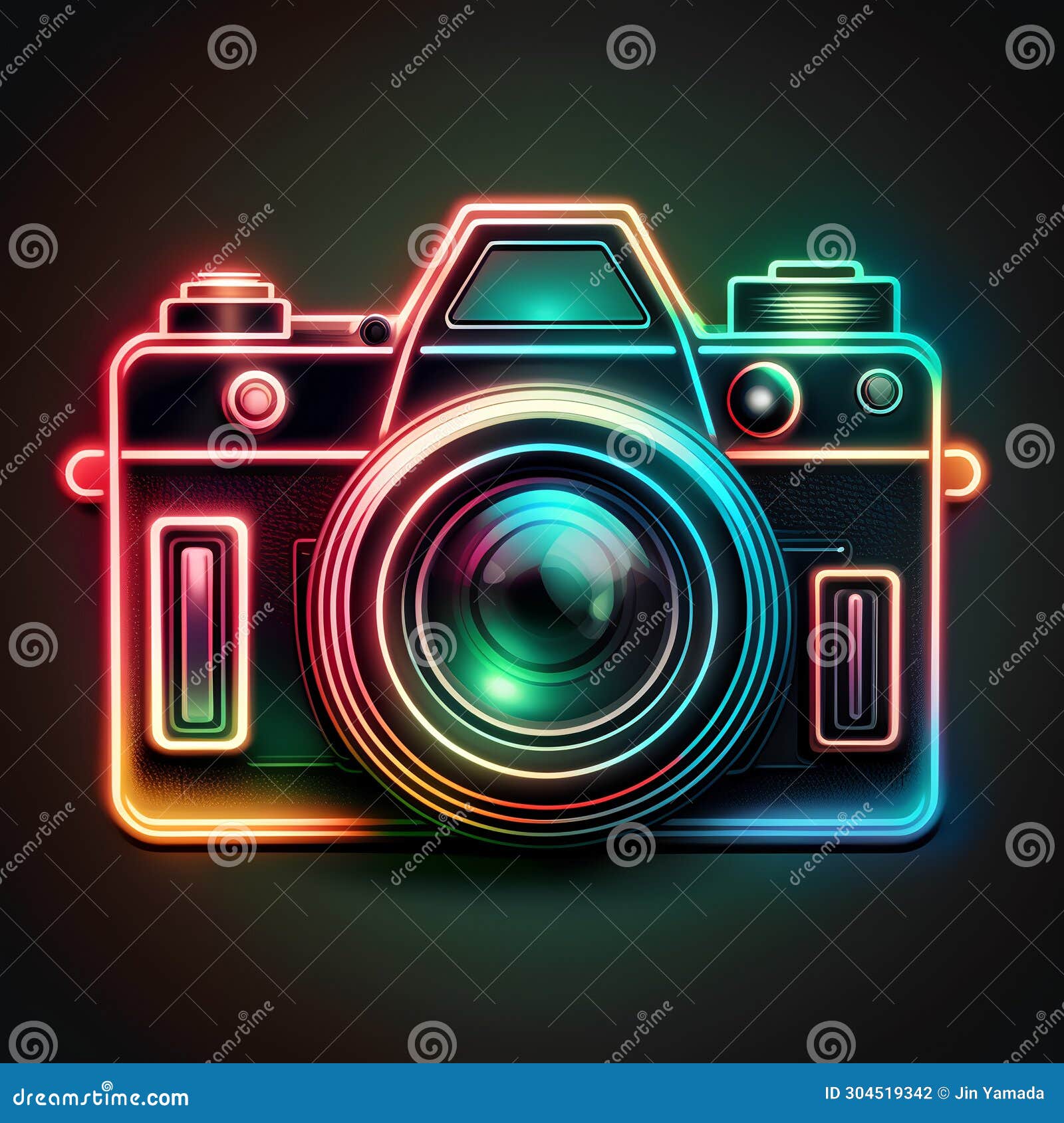 Retro Camera with Neon Lights on Dark Background. Vector Illustration ...