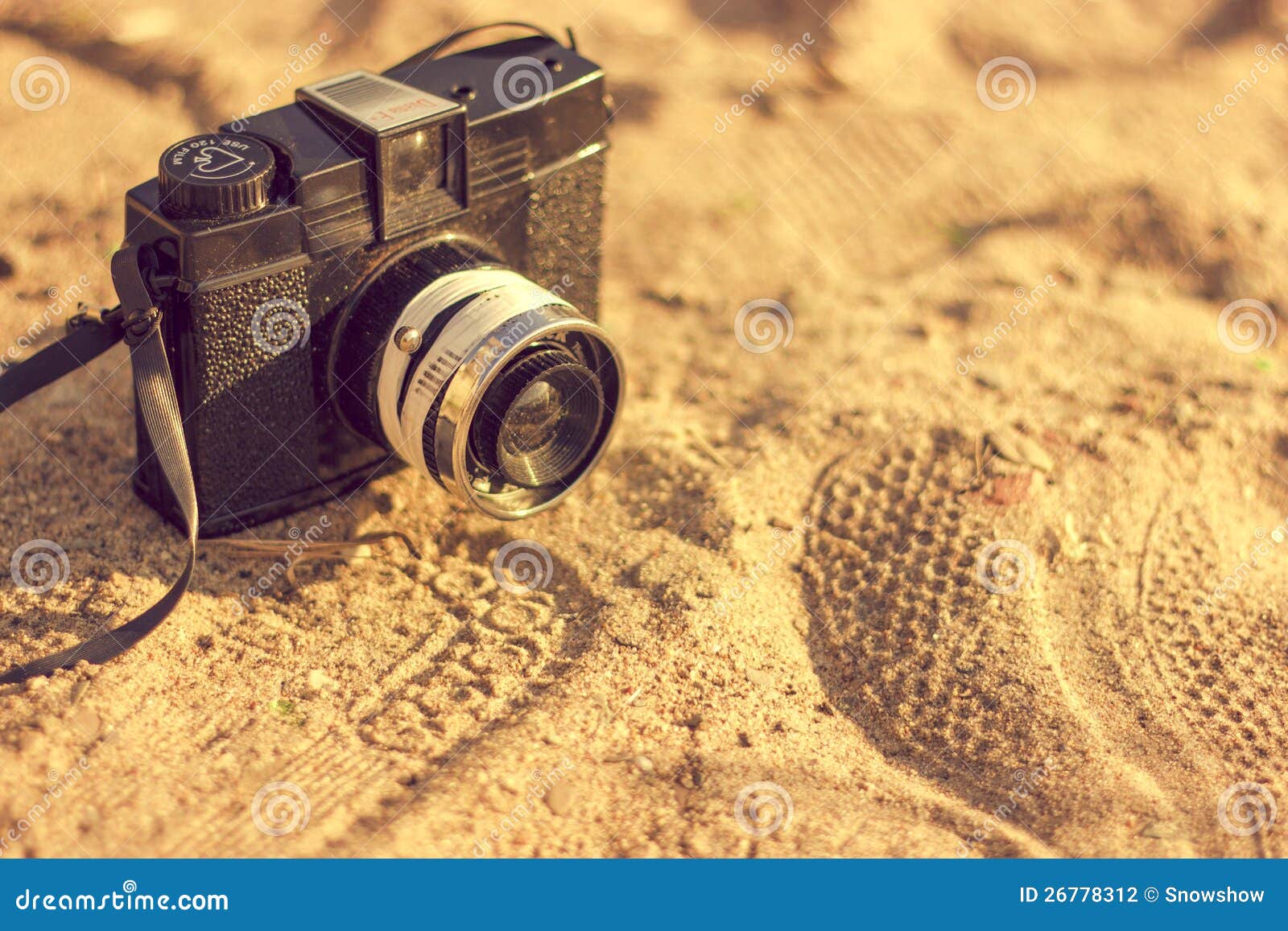 Retro camera on sand stock photo. Image of retro, focus - 26778312