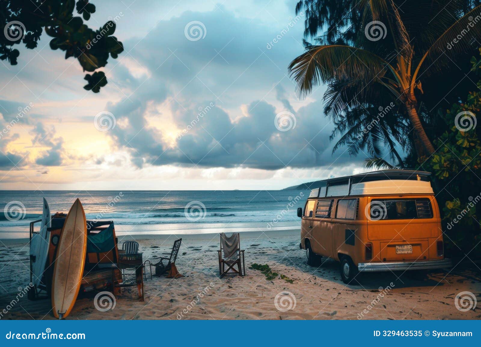 Retro Camper Van by the Beach Stock Illustration - Illustration of ...