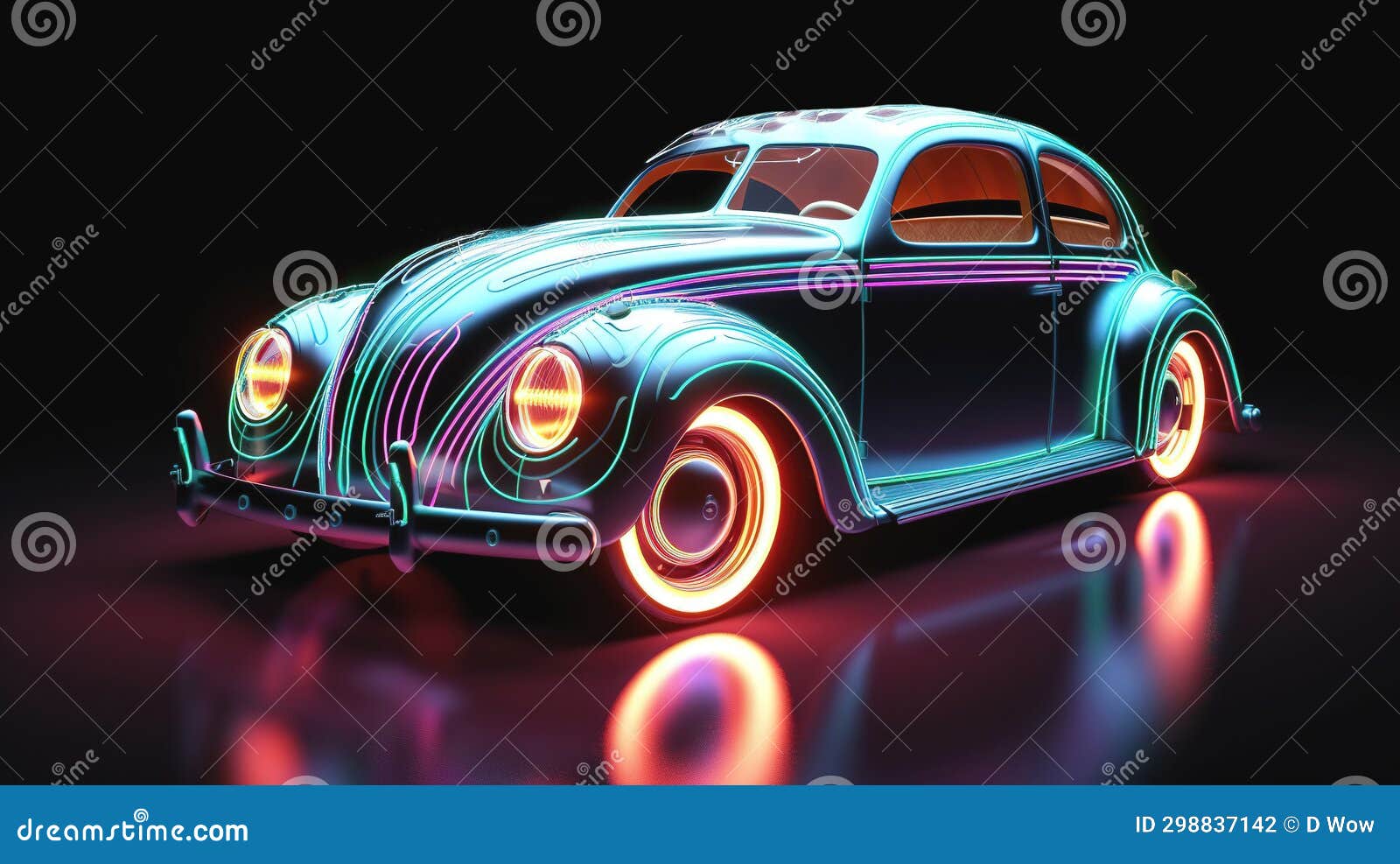 Retro Car in a Bright Neon Style on a Dark Background. Stock Photo ...