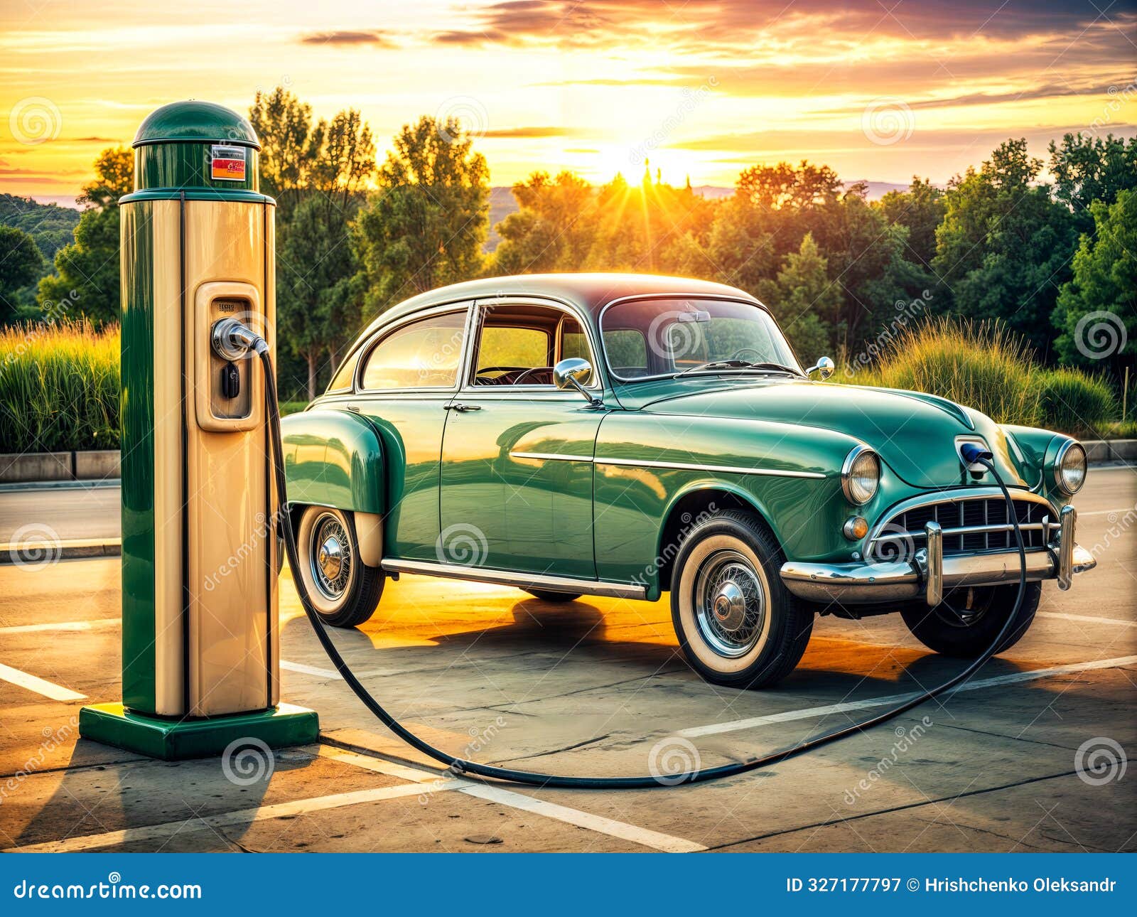 Retro Car is on Electric Charge Stock Illustration - Illustration of ...