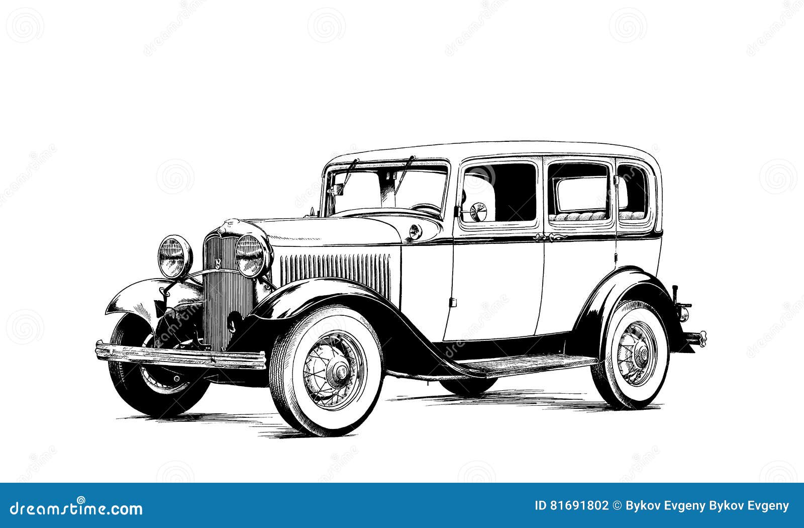 Retro Car Painted Ink Black and White Stock Vector - Illustration of ...