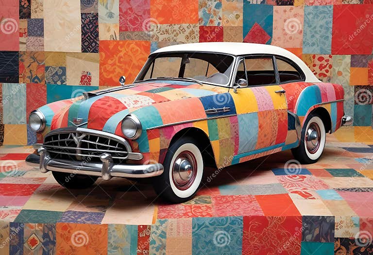 Retro Car in Patchwork Dada Style Stock Illustration - Illustration of ...