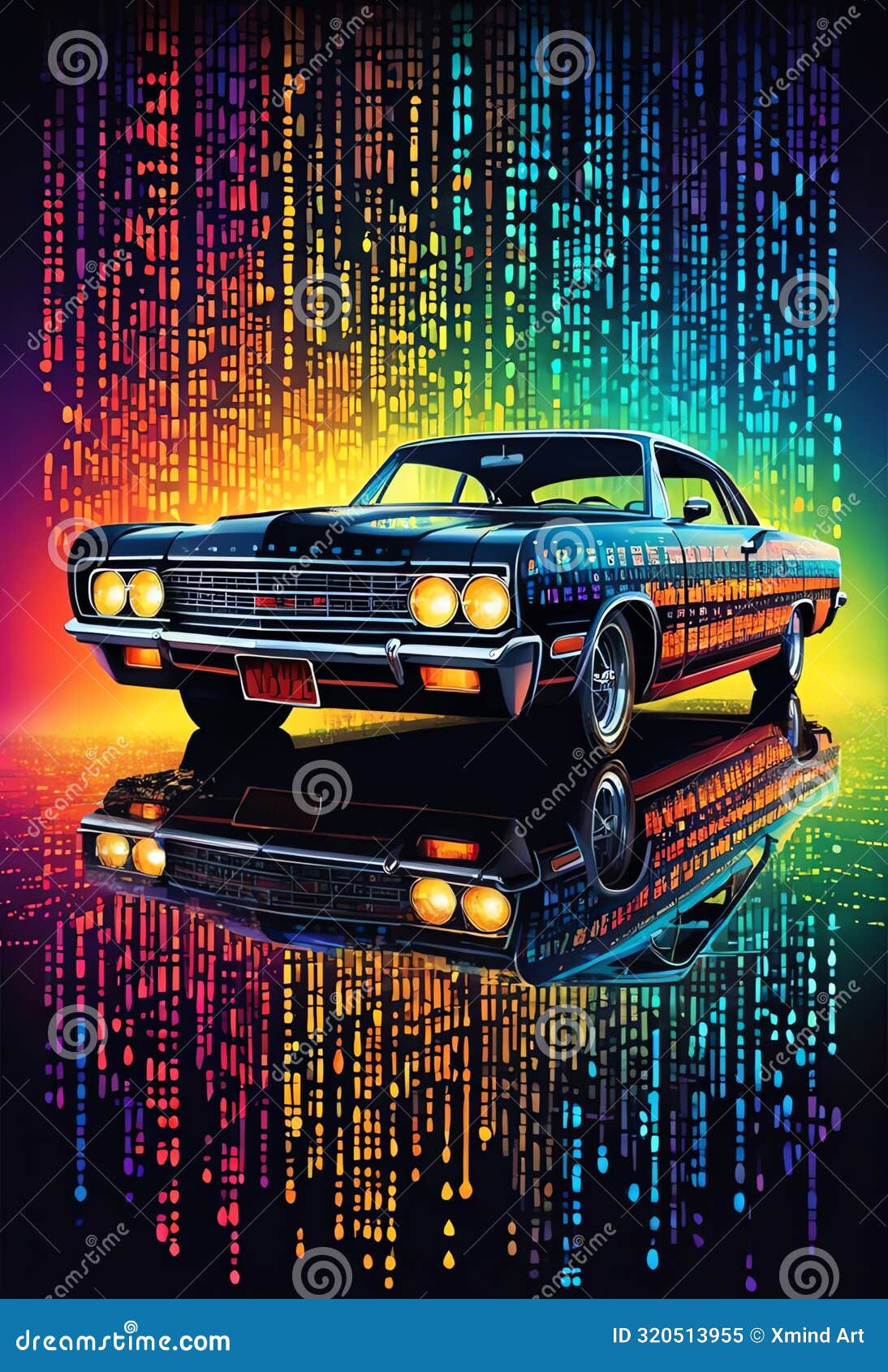 A Retro Car Poster Illustration with Colorful Binary Code Background ...