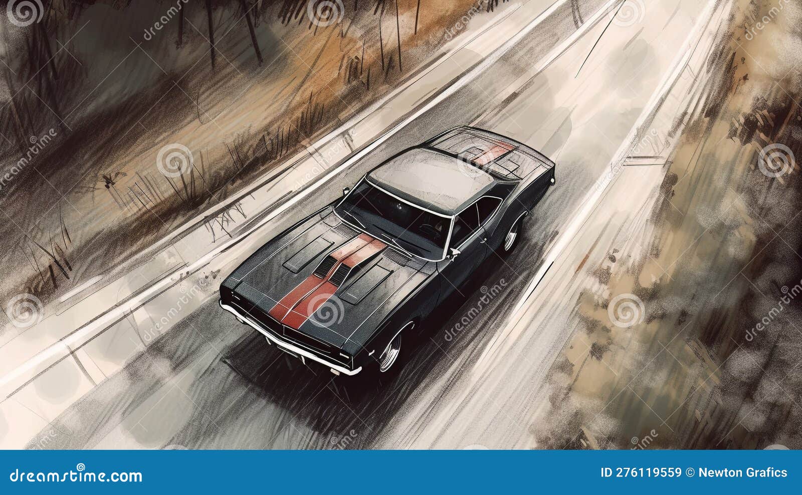Retro Car on the Road with Motion Blur Effect. 3d Rendering.Generative ...