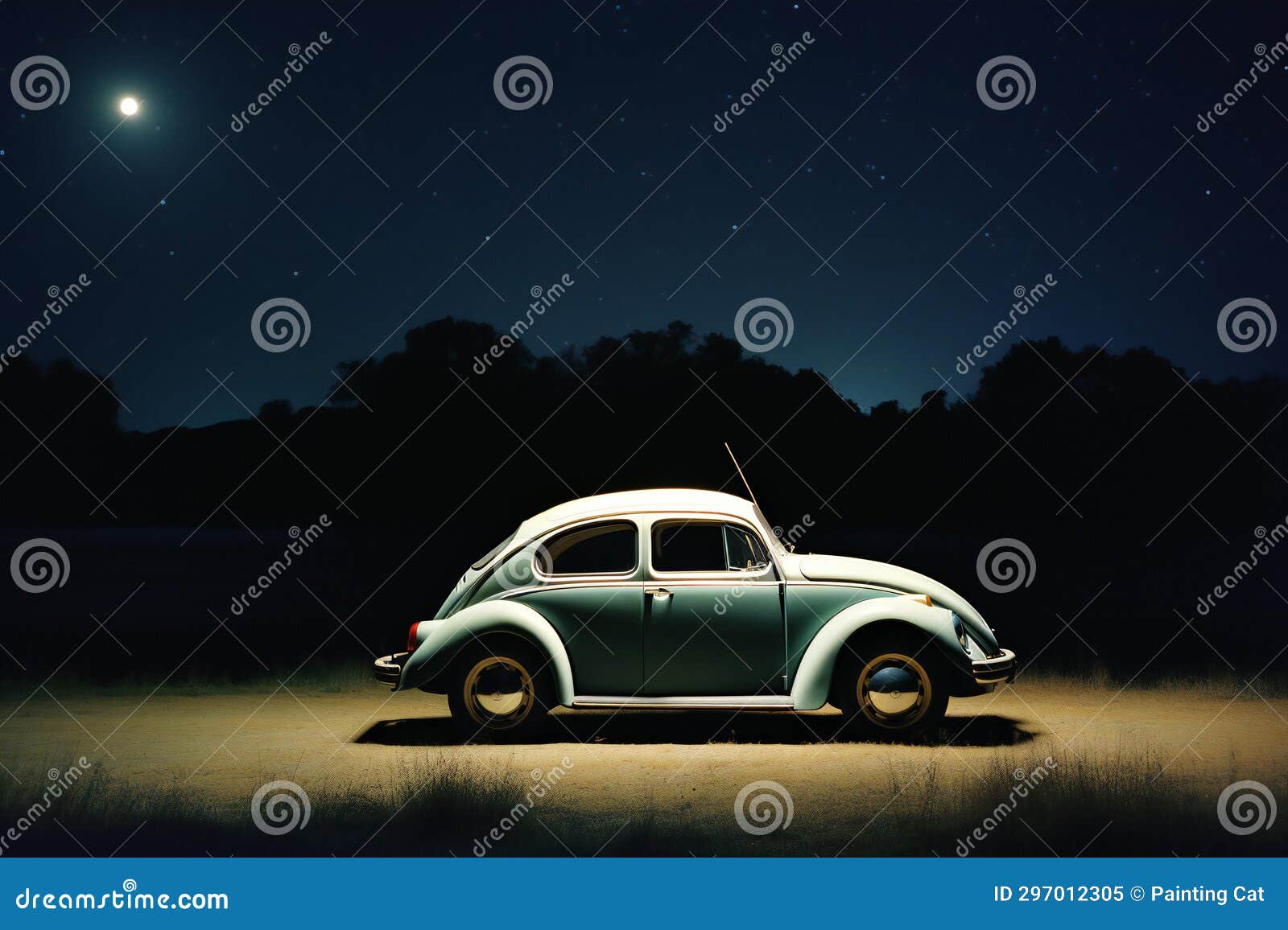 Retro Car on the Road at Night with Starry Sky Stock Illustration ...
