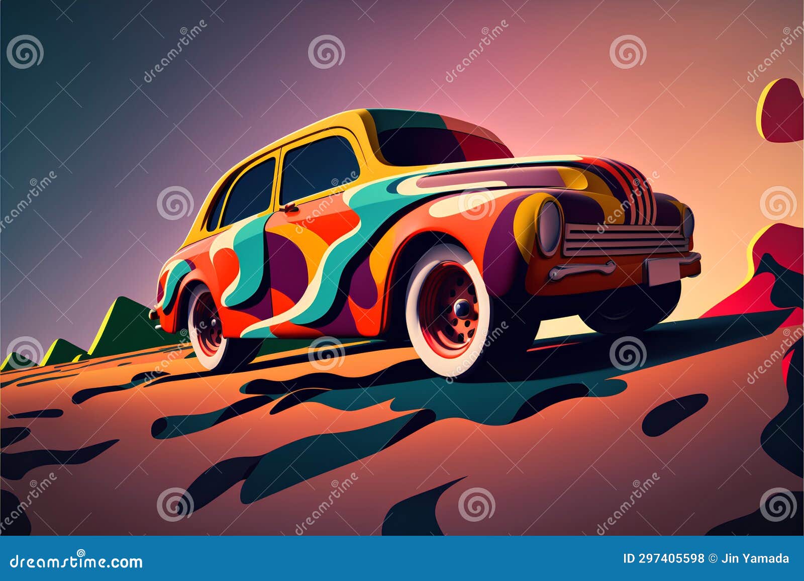 Retro Car on the Road. Vector Illustration in Cartoon Style Stock ...