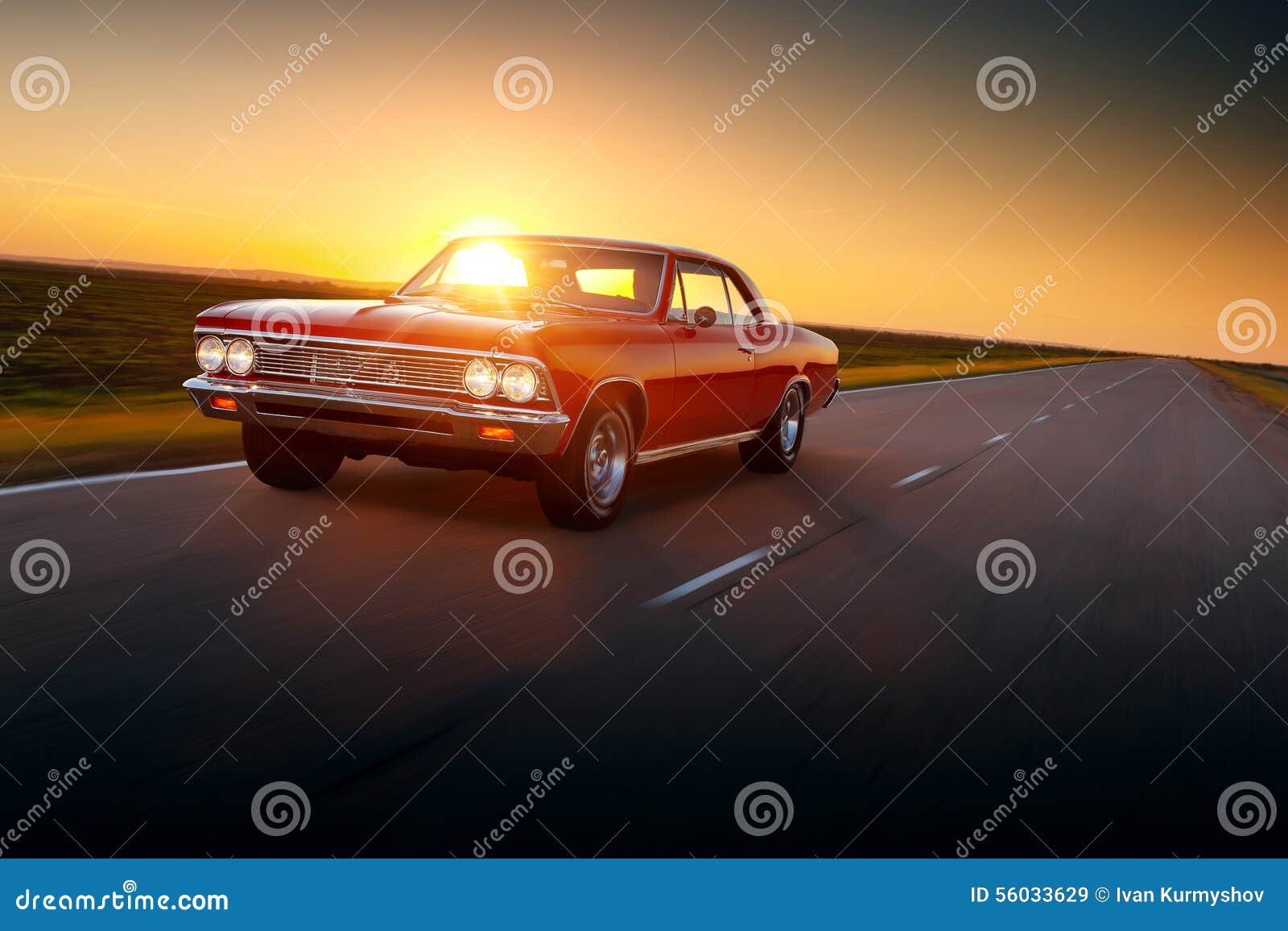 Fast Drive Retro Red Car Speed on the Road 1960s Chevrolet Cheville ...