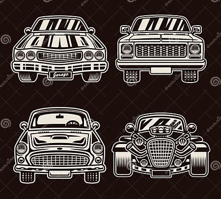 Retro Cars Front View Vector Objects on Dark Background Stock Vector ...