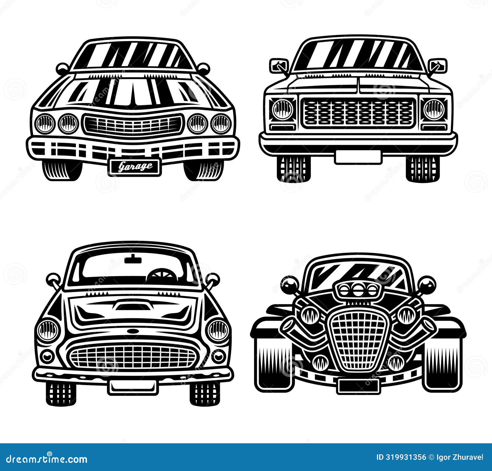Retro Cars Front View Vector Objects in Monochrome Style Isolated on ...