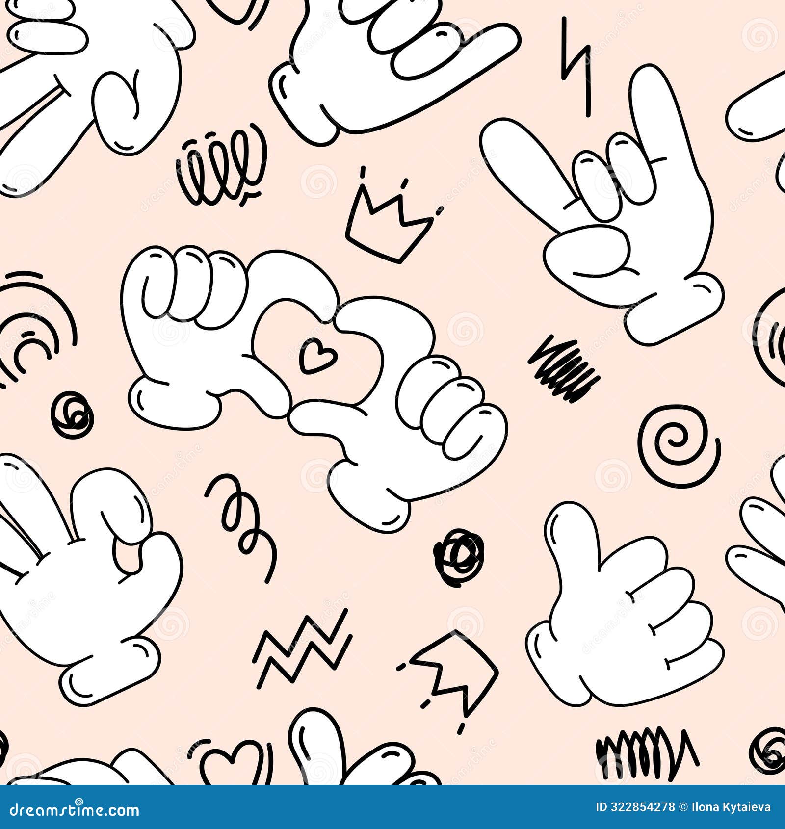 Retro Cartoon Hands Gestures in Gloves Seamless Pattern.Comic Arms ...