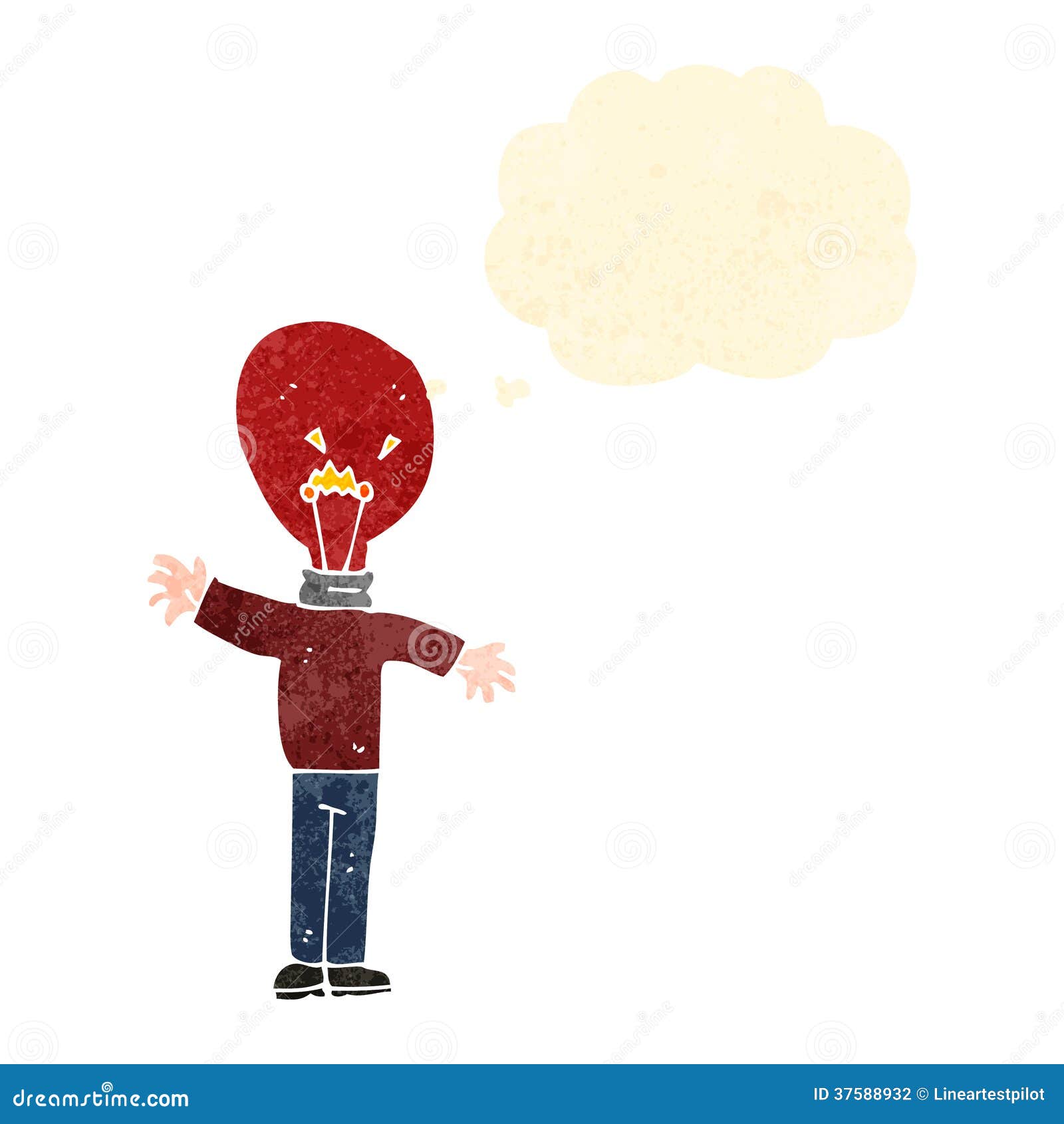 Retro Cartoon Red Light Bulb Head Man with Thought Bubble Stock ...