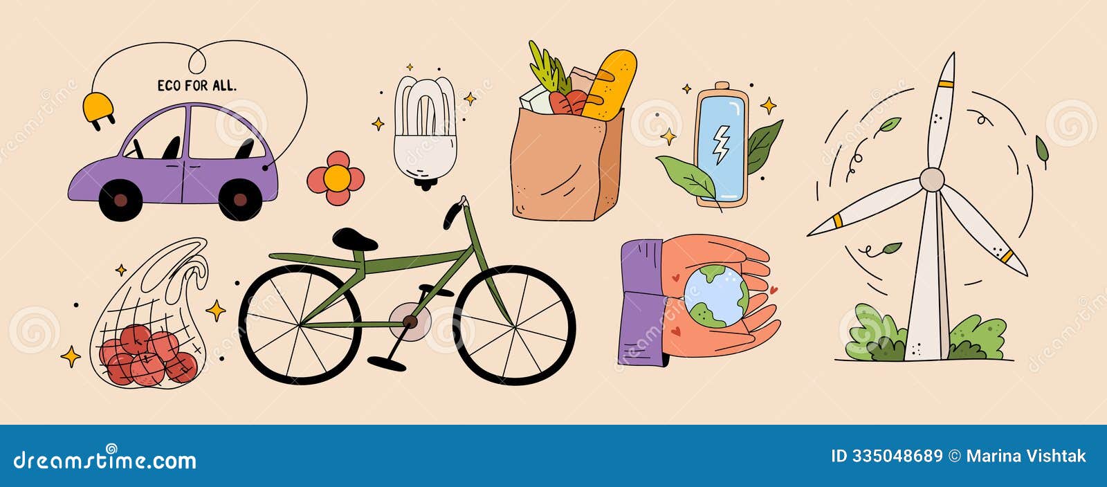 Retro Cartoon Set of Eco Friendly Objects Stock Illustration ...