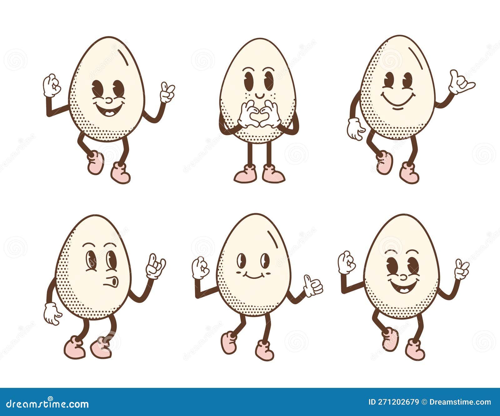 Retro Cartoon Smiling Egg Mascot Character Walking Jumping Standing ...