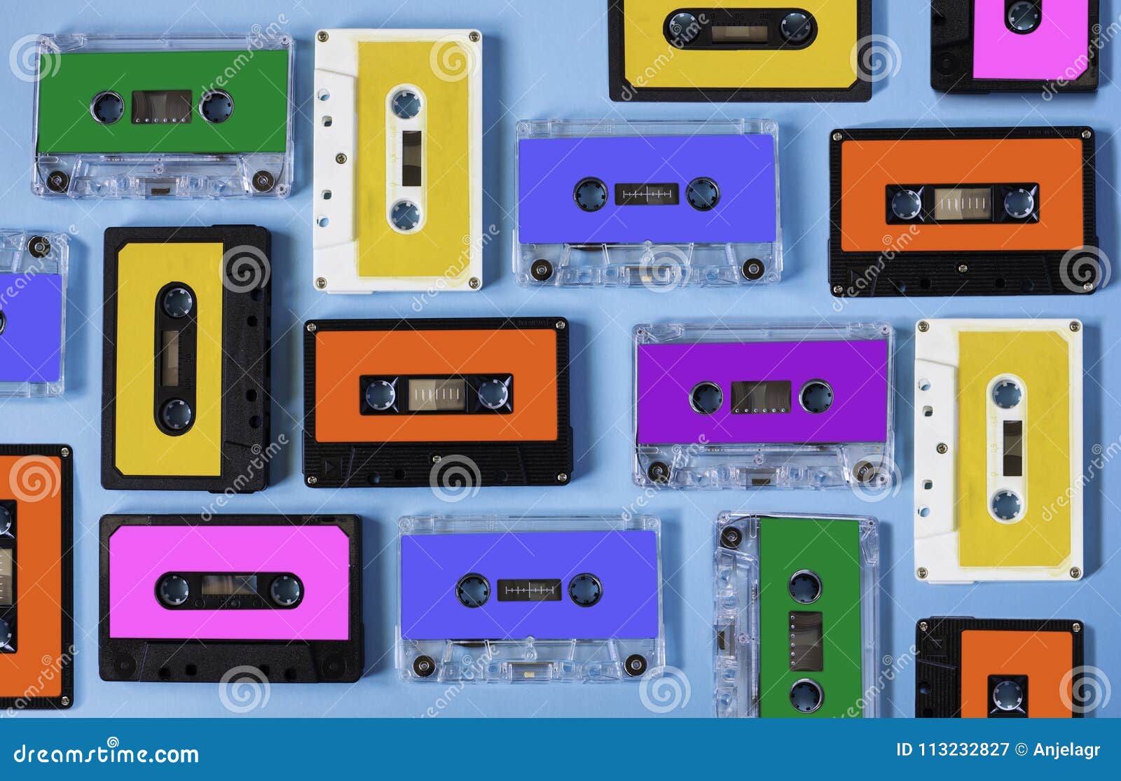 Retro Cassette Tape Collection on Blue Background. Stock Image - Image ...