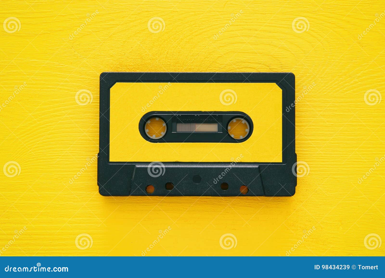 Retro Cassette Tape Over Yellow Wooden Table Top View Stock Image Image Of Retro Casset