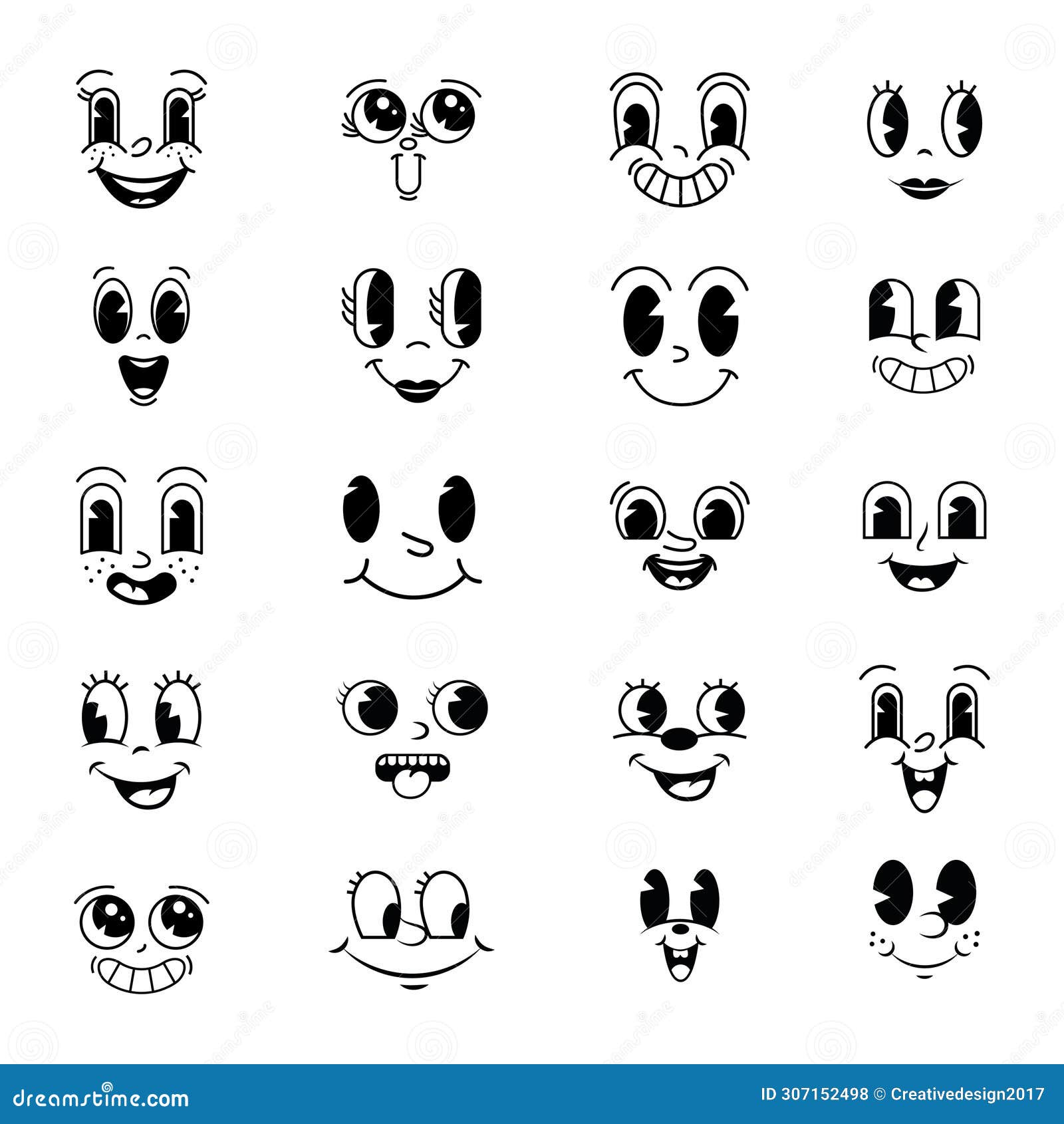 "Set of Cartoon-style Black and White Faces Isolated Stock Vector ...
