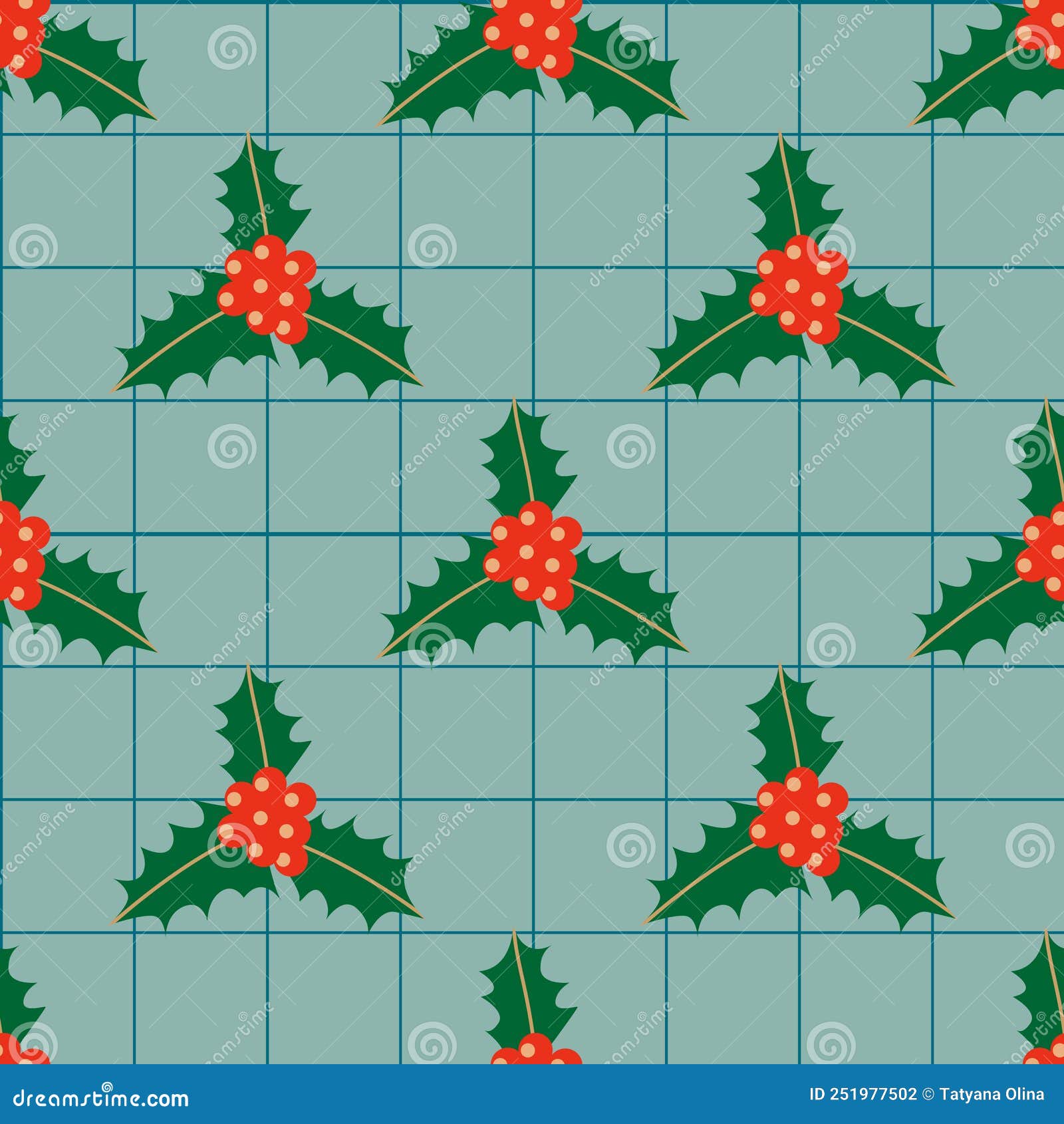 Retro Christmas Seamless Background with Holly Leaves and Berries Stock ...