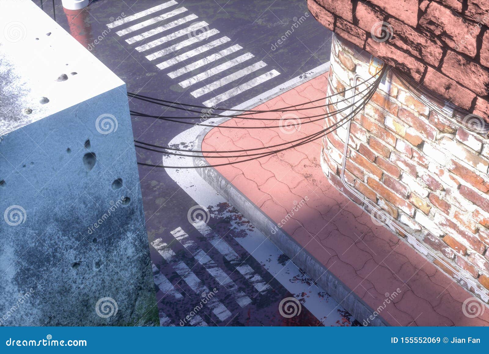 The Retro City Street with Brick Buildings on the Side, 3d Rendering ...