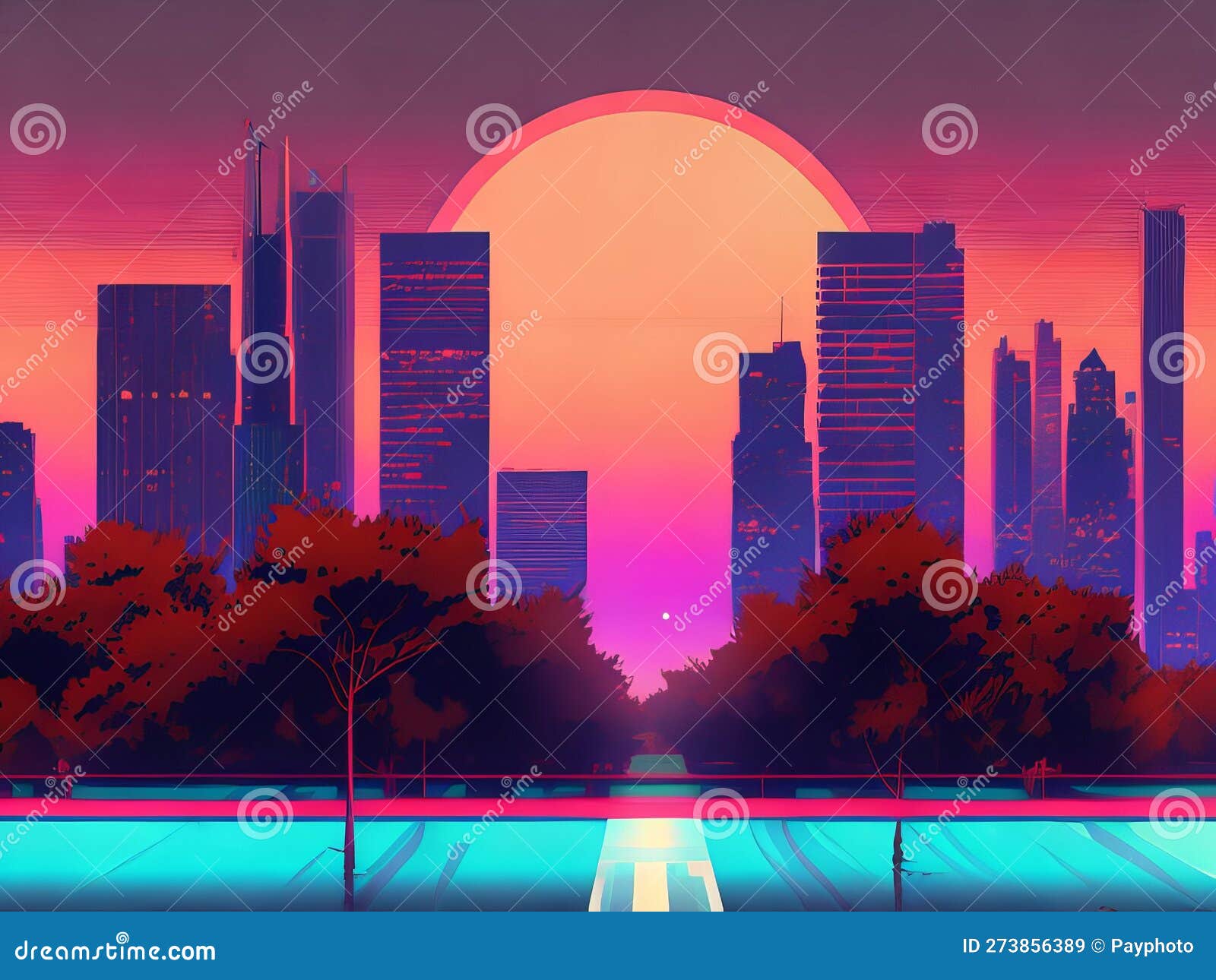 Retro Cityscape with Synth Waves in the Backdrop. Stock Illustration ...