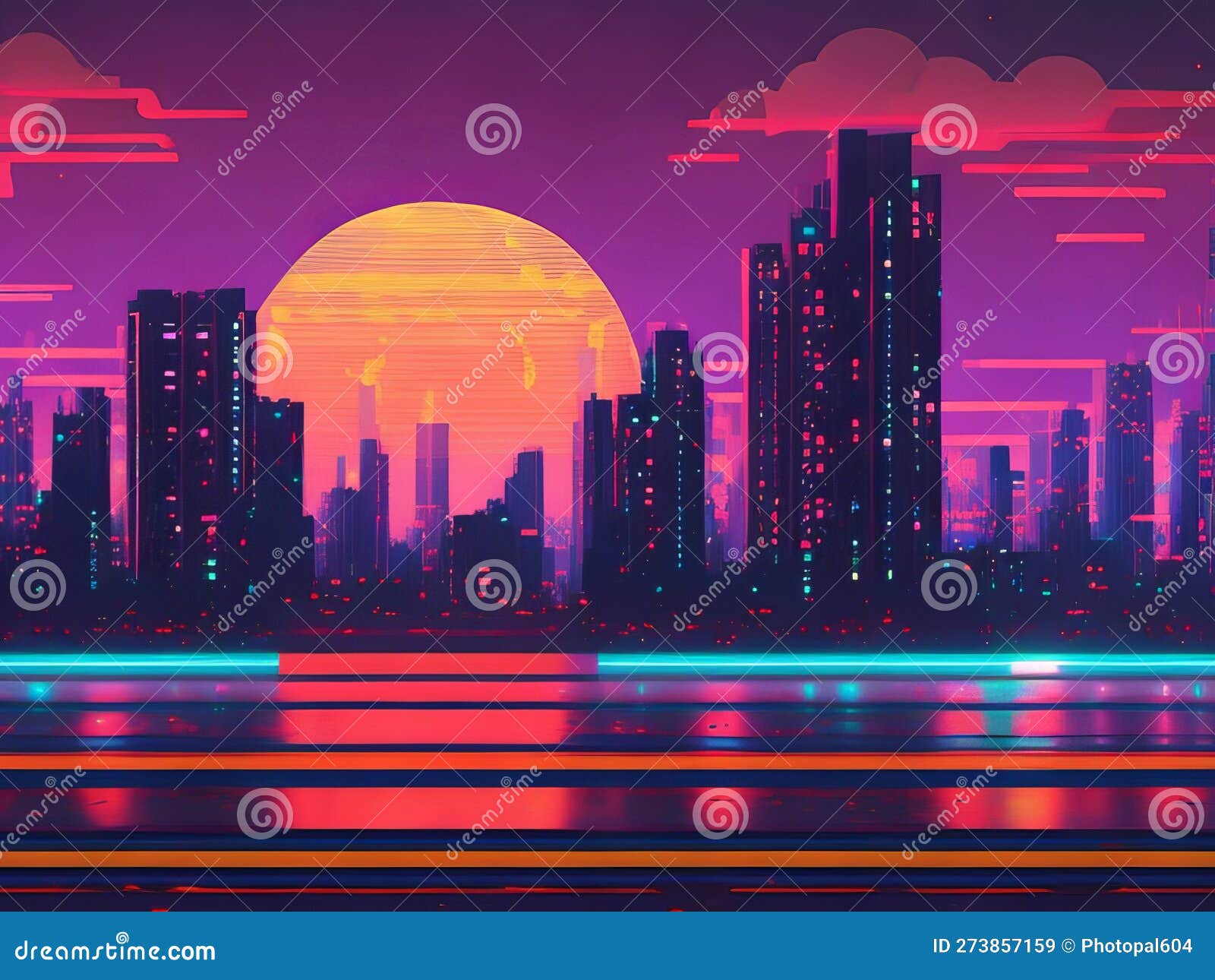 Retro Cityscape with Synth Waves in the Backdrop. Stock Illustration ...