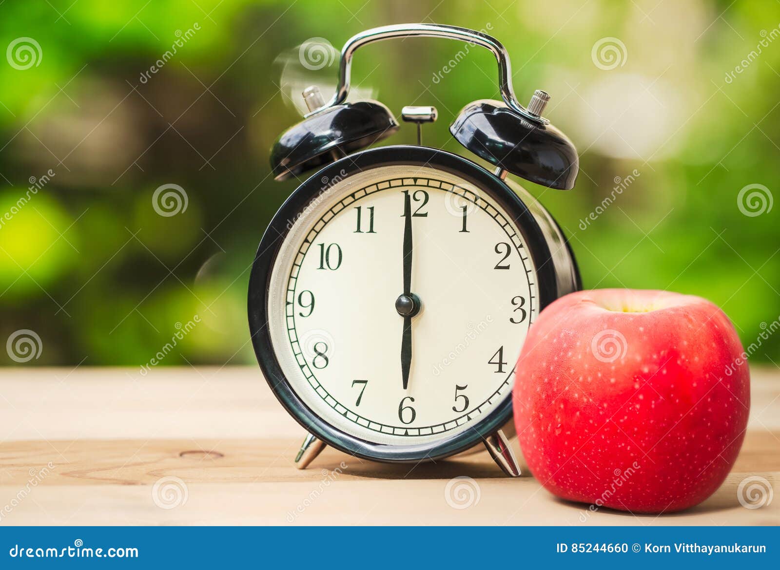 Retro Clock with Morning Fruit Apple. Stock Photo - Image of retro ...