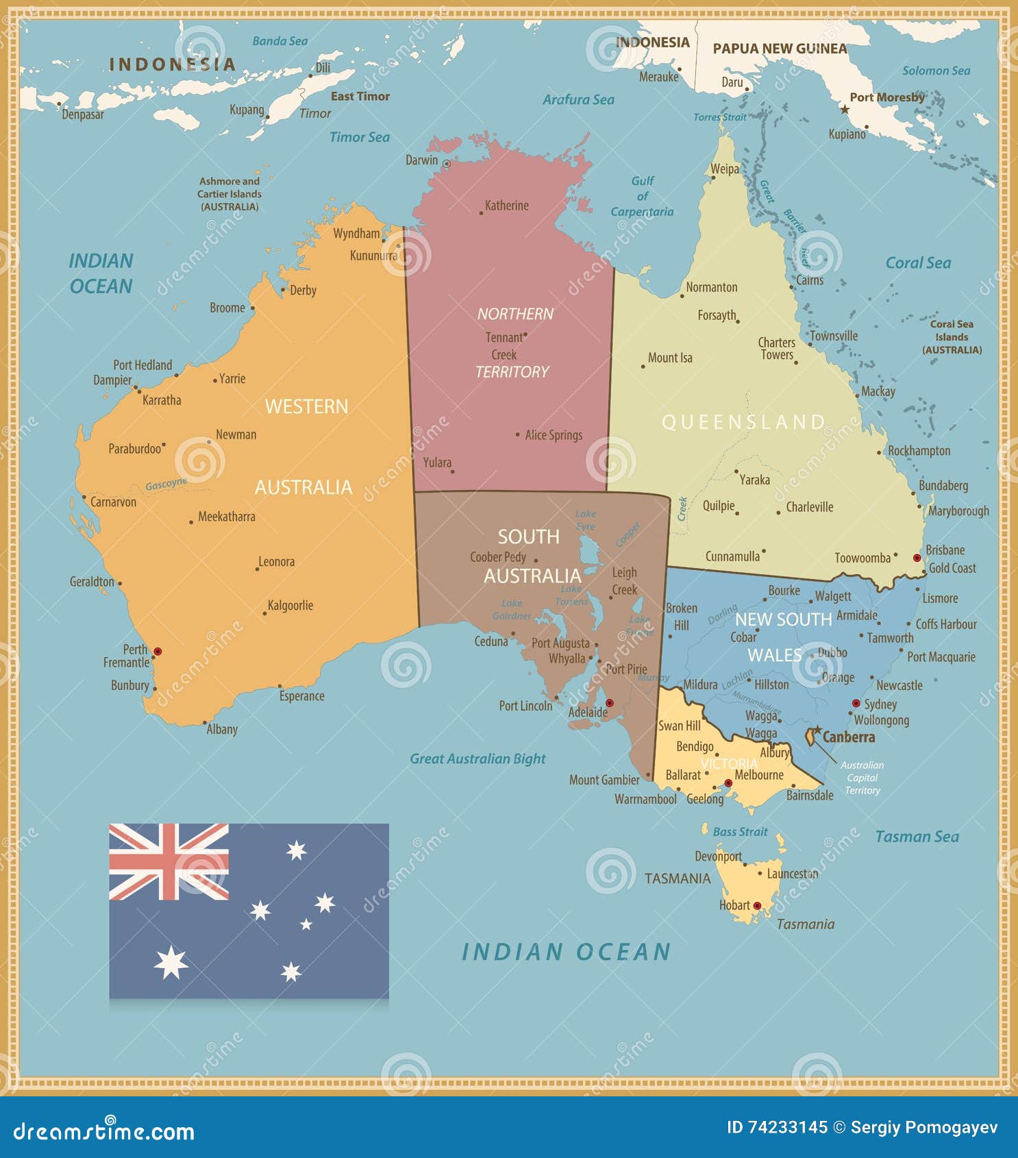 Retro Color Political Map of Australia Stock Vector - Illustration of ...