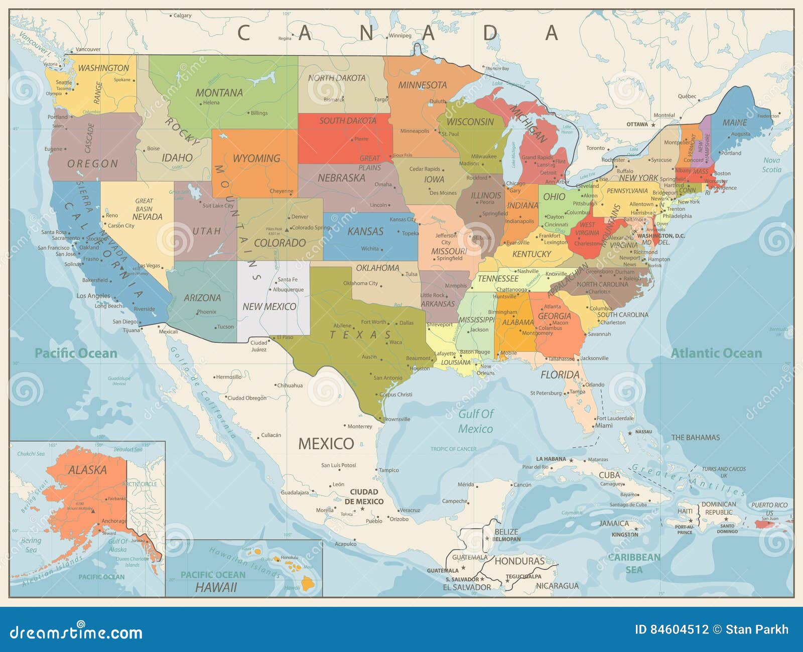 Retro Color Political Map of USA Stock Vector - Illustration of ...