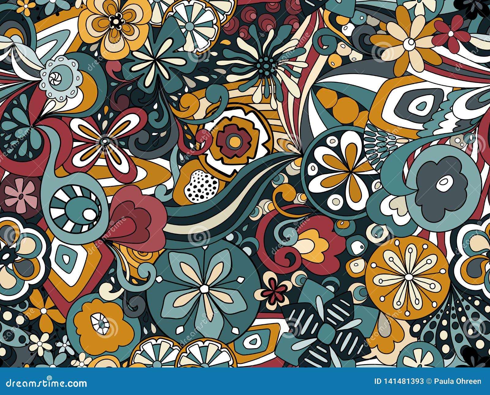 Retro Moody Florals in Blue, Red and Mustard Stock Illustration ...
