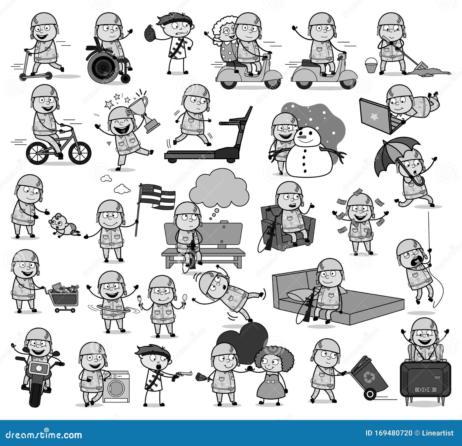 Retro Comic Army Man - Set of Concepts Vector Illustrations Stock ...