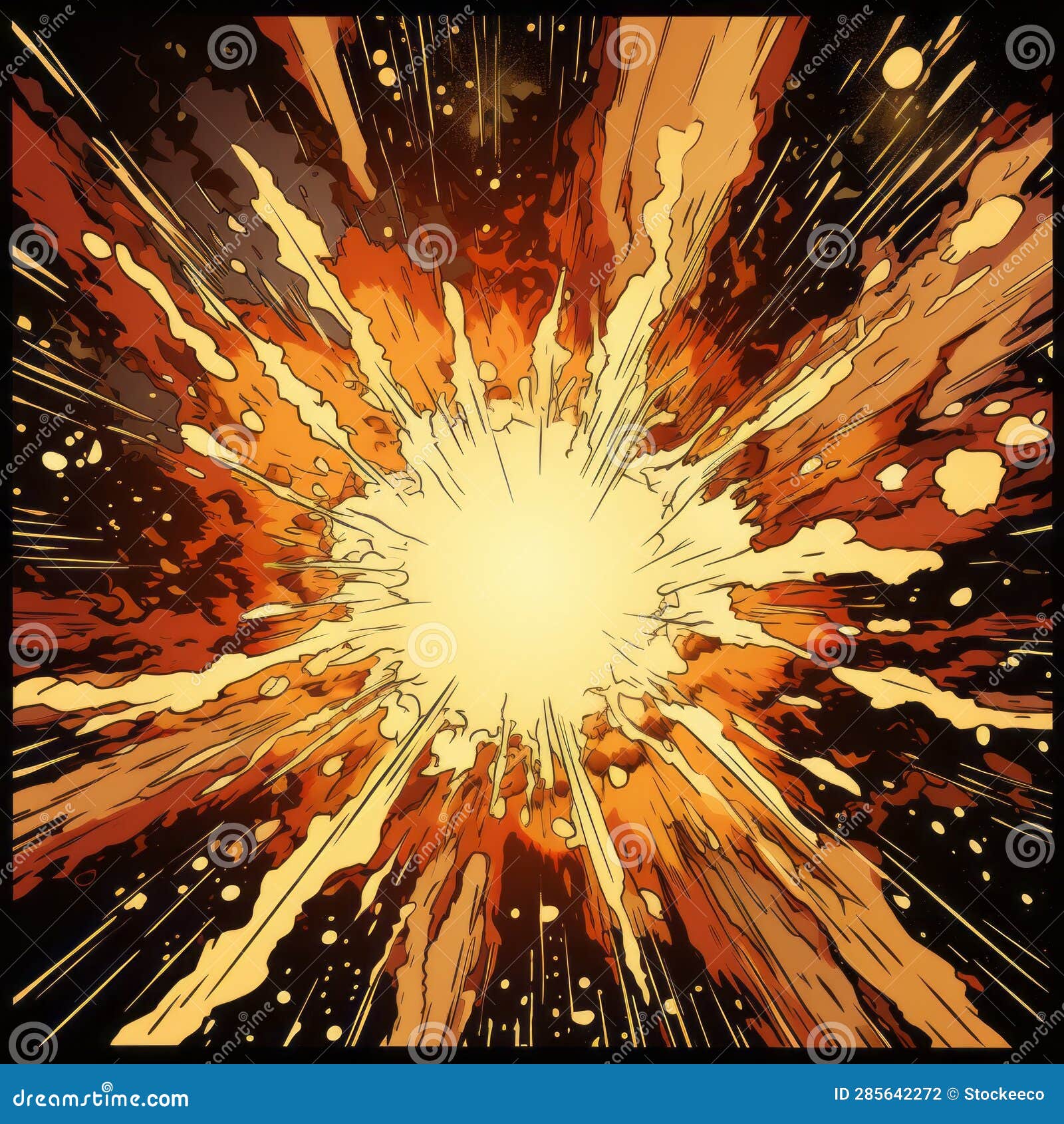 Retro Comic Art Fire Explosion: Dark Beige and Amber Supernova Stock ...