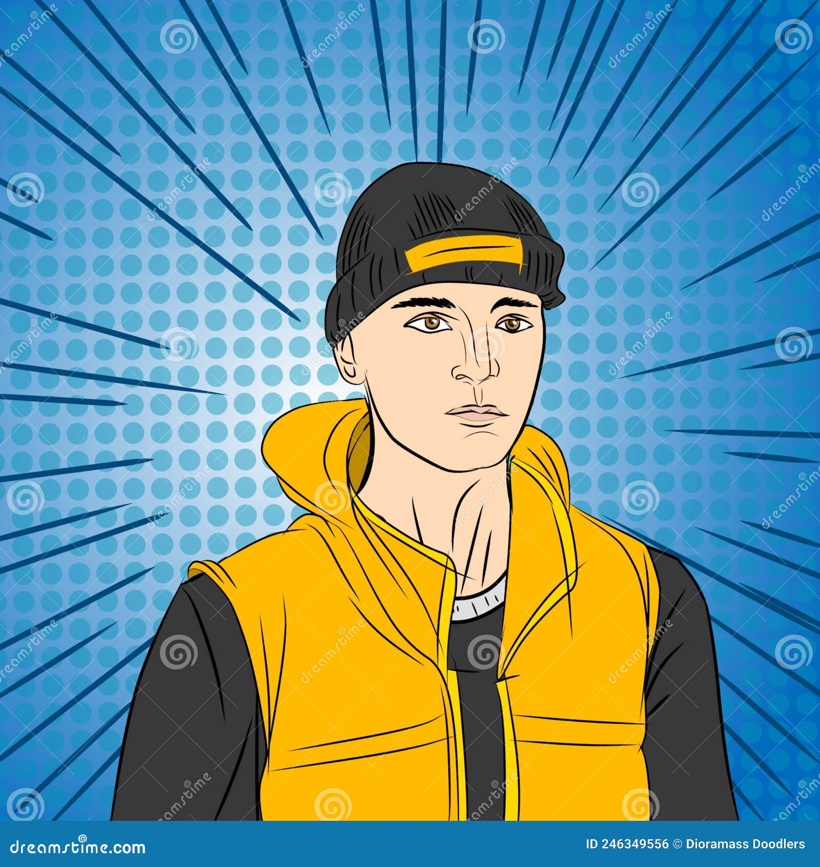 Retro Comic Patterned Artwork, a Young Man Wearing a Yellow Vest. Stock ...