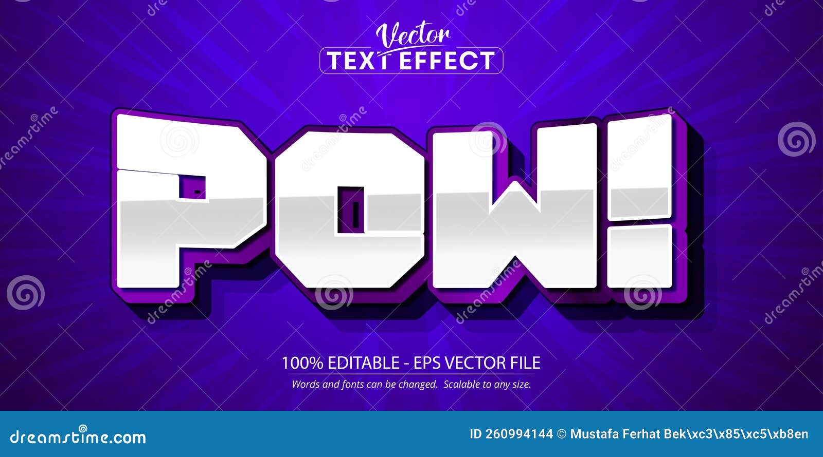Retro Comic Pow Text Effect on Purple Stripes Pattern. Editable Pop Art ...