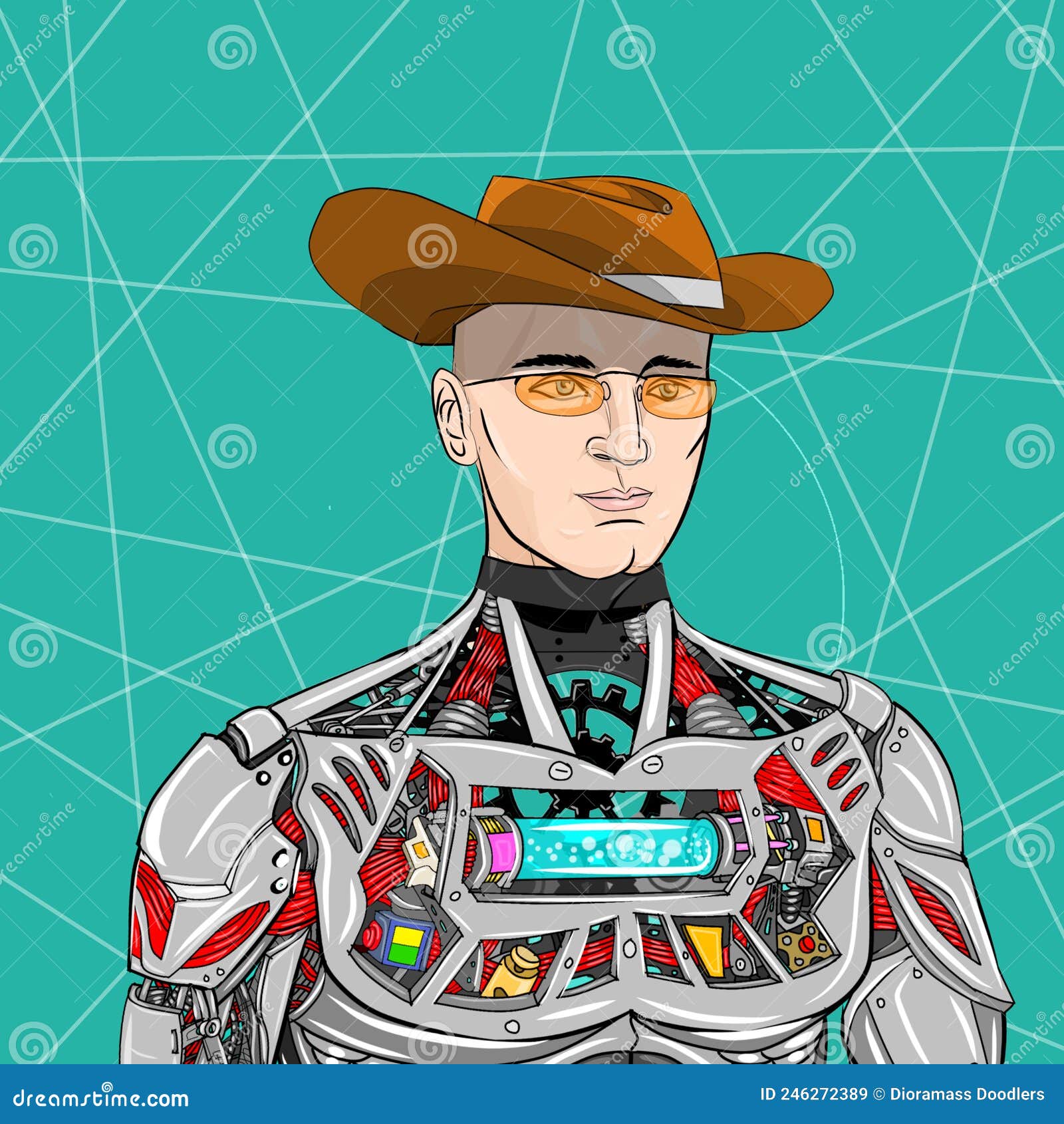Retro Comic Style Artwork, a Cyborg, Wearing a Beige Cowboy Hat. Stock ...