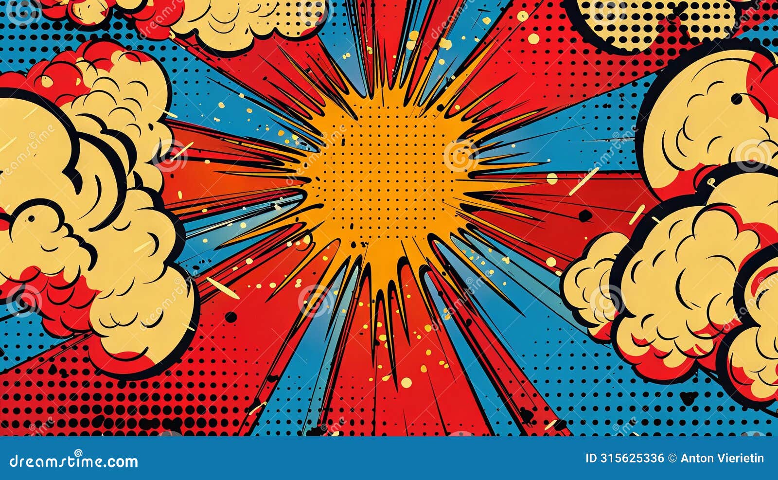 Retro Comic Style Blast with Radiating Lines and Cloud Puffs on Dotted ...